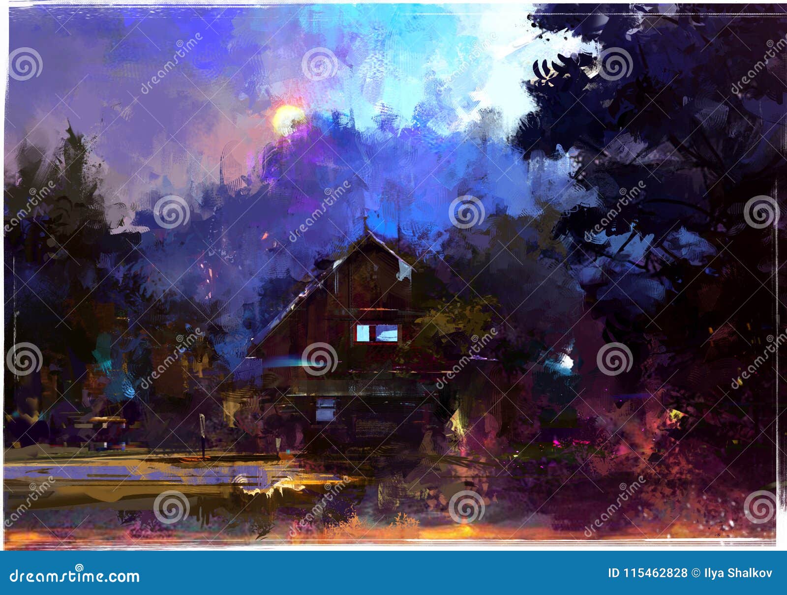 Bright Painted Evening Landscape with a Hut in the Forest Stock ...