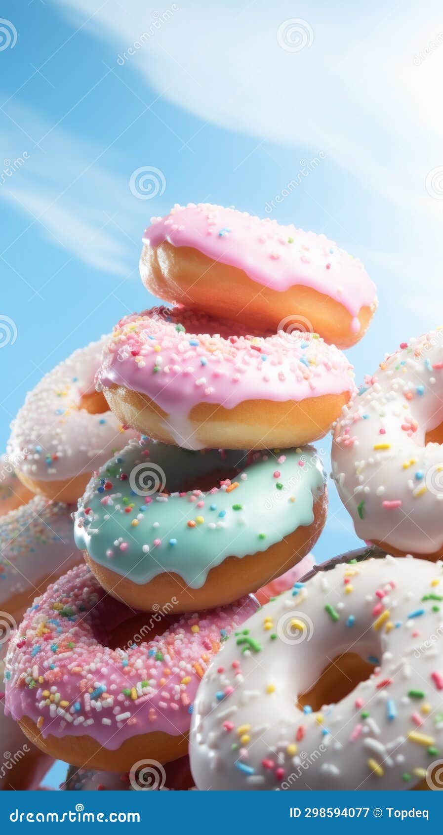 Bright Pastel Color Frosted Assorted Donuts, Blue Sky Background Stock ...