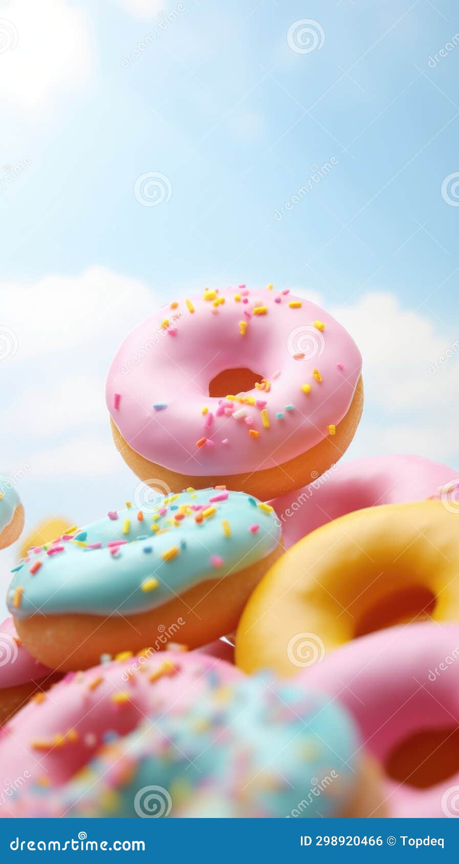 Bright Pastel Color Frosted Assorted Donuts, Blue Sky Background Stock ...
