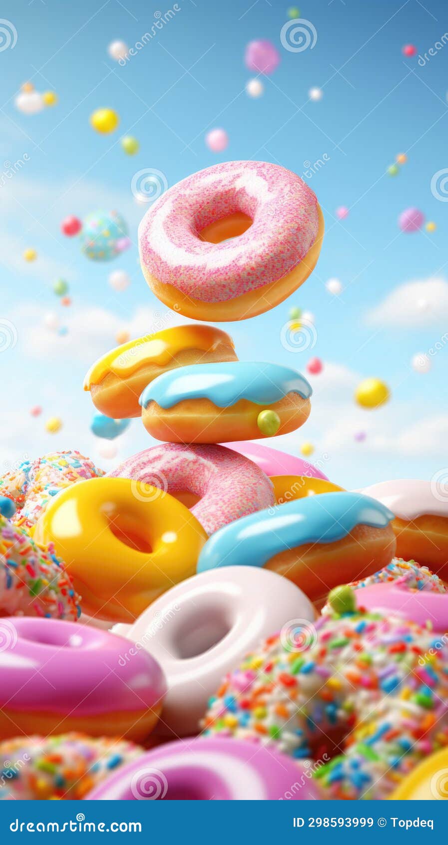 Bright Pastel Color Frosted Assorted Donuts Levitating, Blue Sky ...