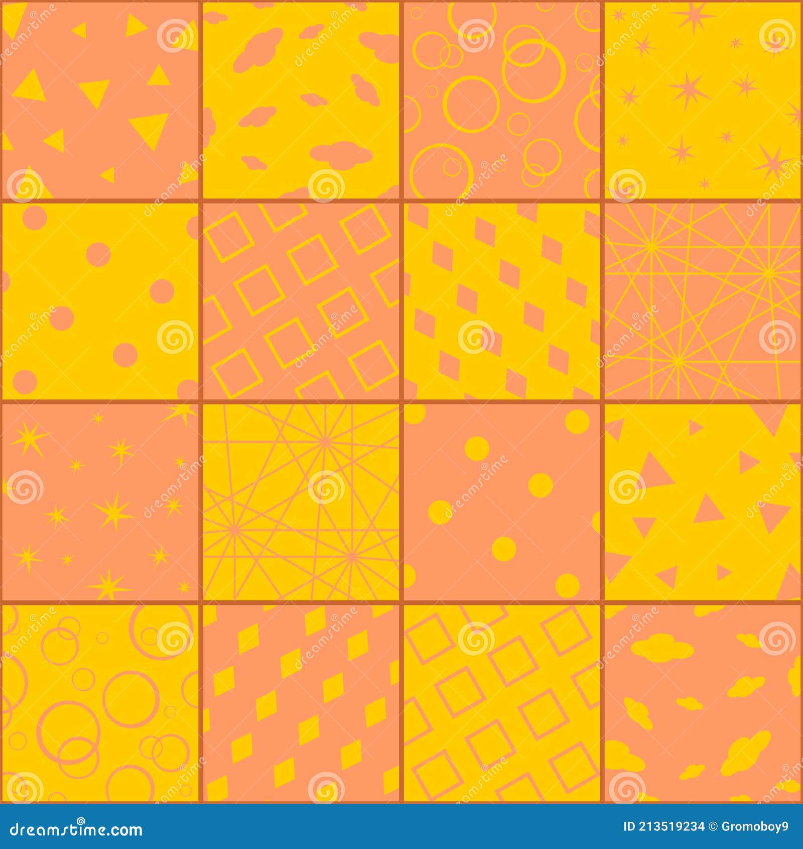 Bright Patchwork in Orange and Yellow Colors with Sixteen Abstract ...