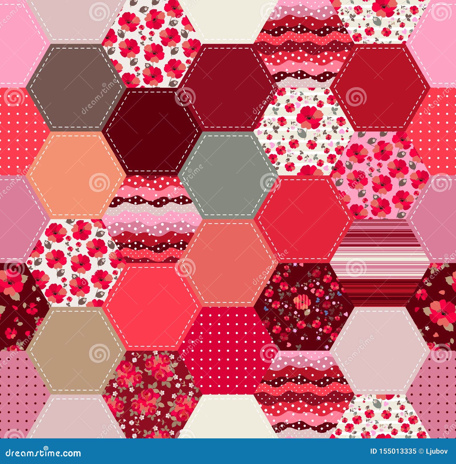 Bright Patchwork Pattern with Red Flowers. Seamless Design from Hexagonal Patches for Fabric and ...