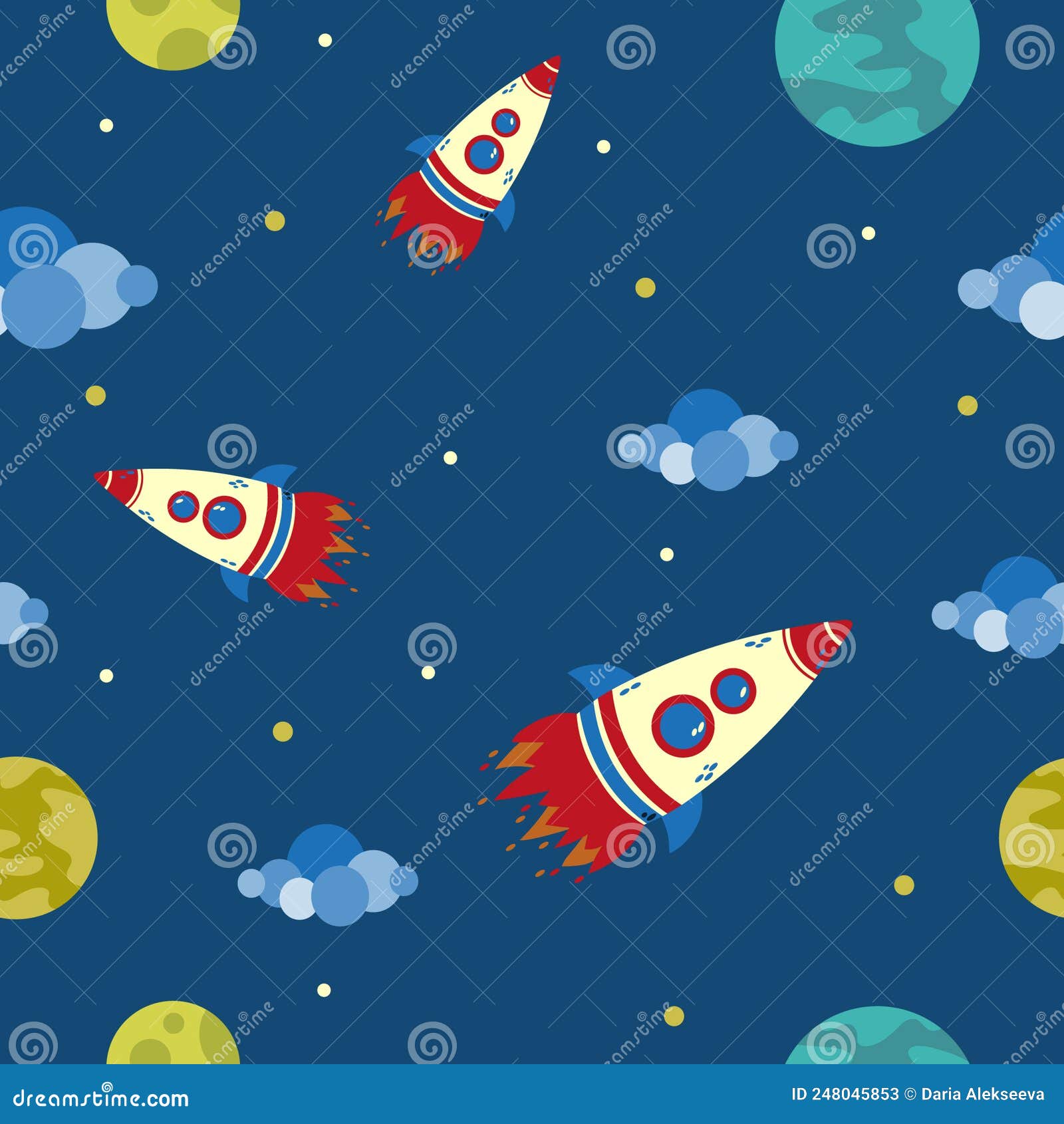 Bright Multicolored Space Pattern with Rockets, Clouds, Planets. Flat ...