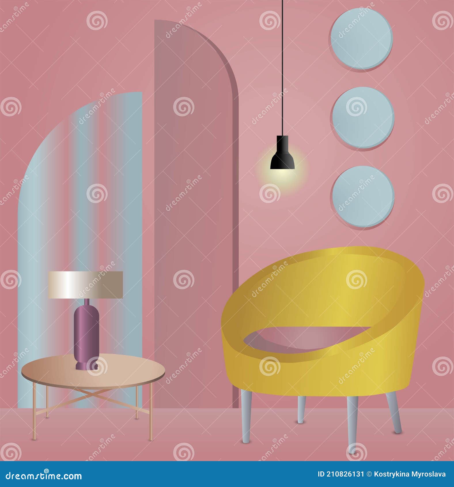 Bright Pink Memphis Style Interior Design, Simple Vector Illustration ...