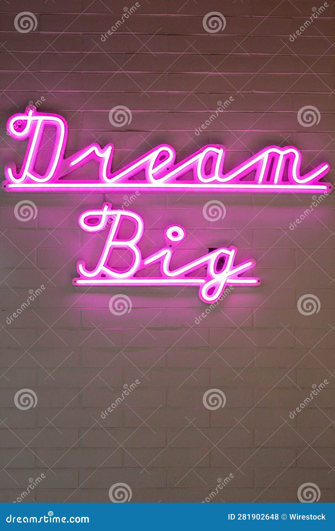 Bright Pink Neon Sign on a Brick Wall Displaying the Phrase "Dream Big ...