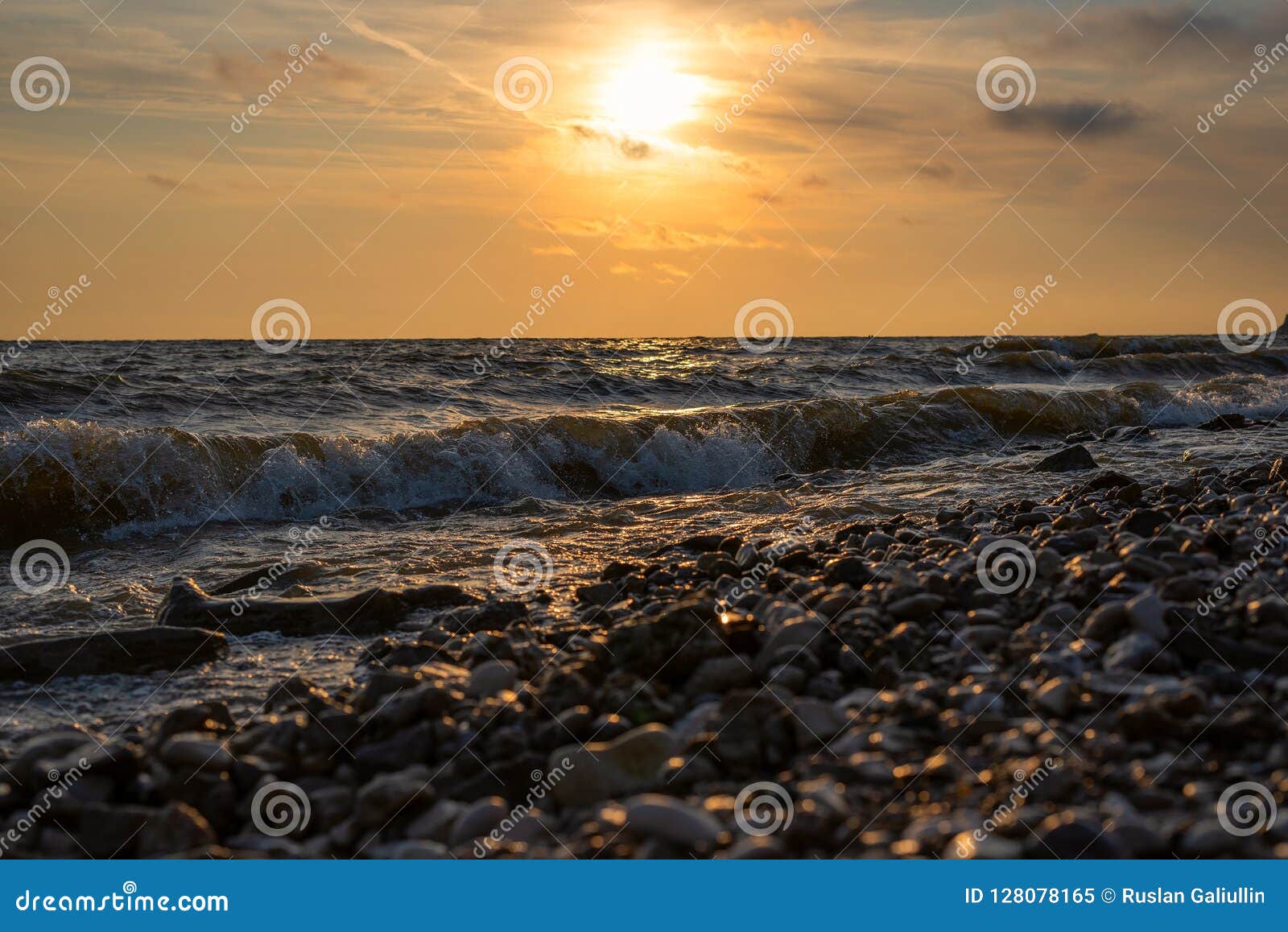 Bright Pink-orange Dawn Over Water Storm Wind with Waves Stock Image ...