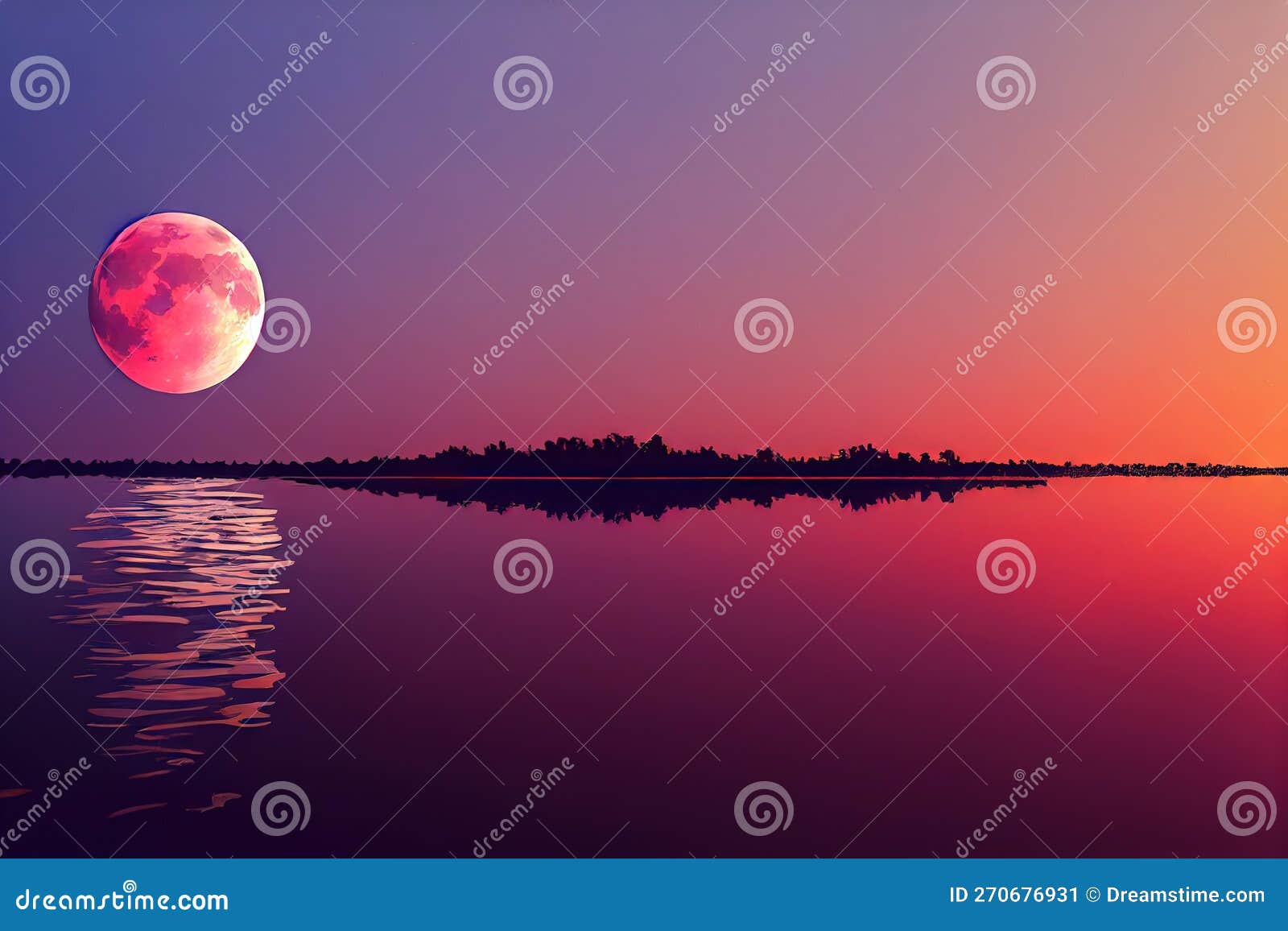 Bright Pink Sunset with Large, Round Moon in Background. Stock ...
