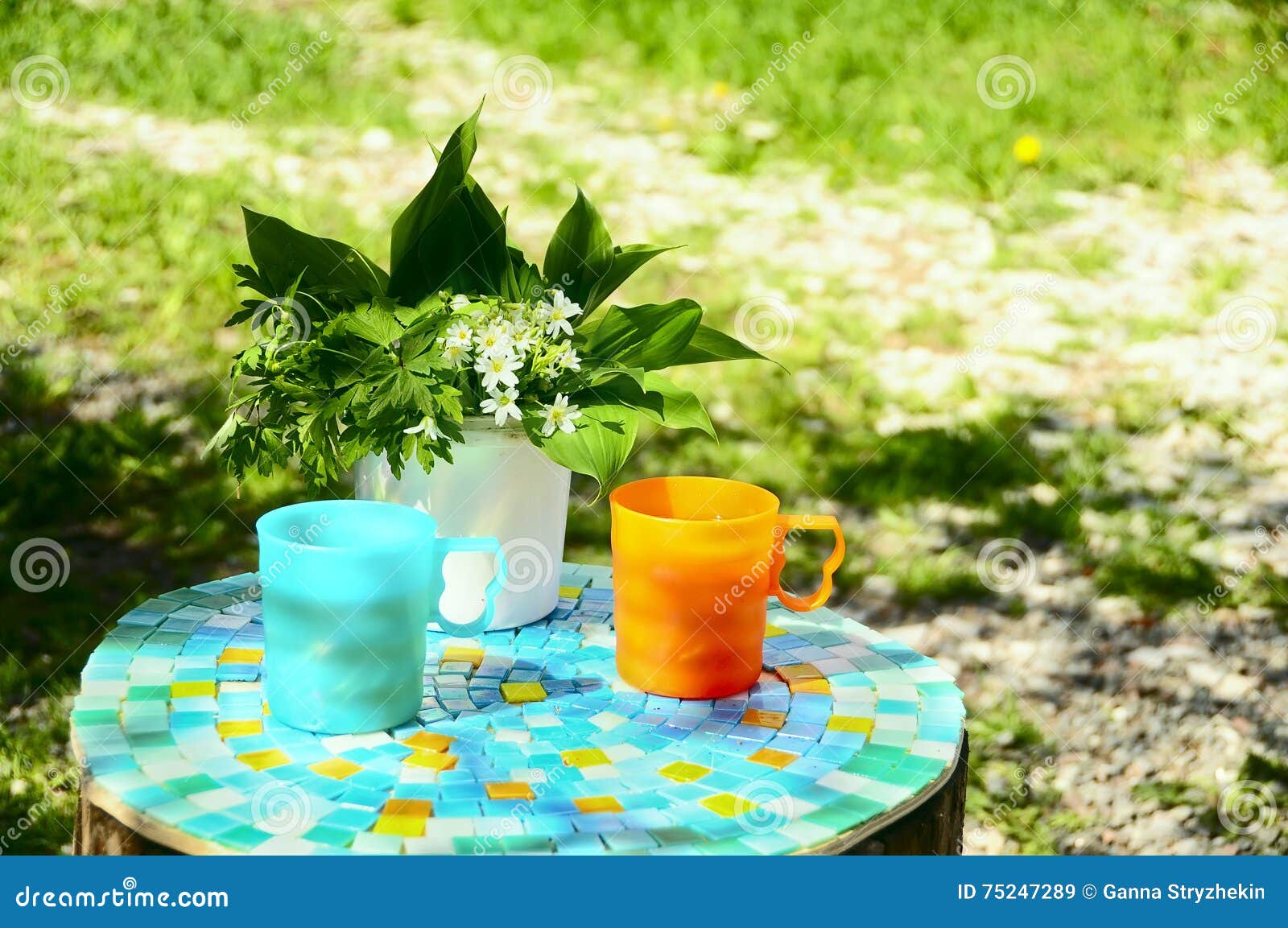 Bright Plastic Cups and Simple Flowers Stock Image - Image of cottage ...