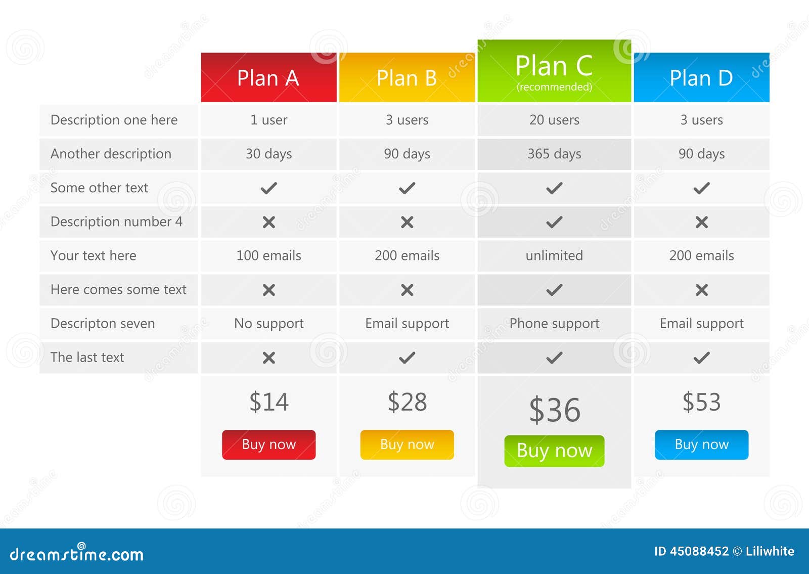 Bright Pricing Table with One Recommended Plan Stock Illustration ...