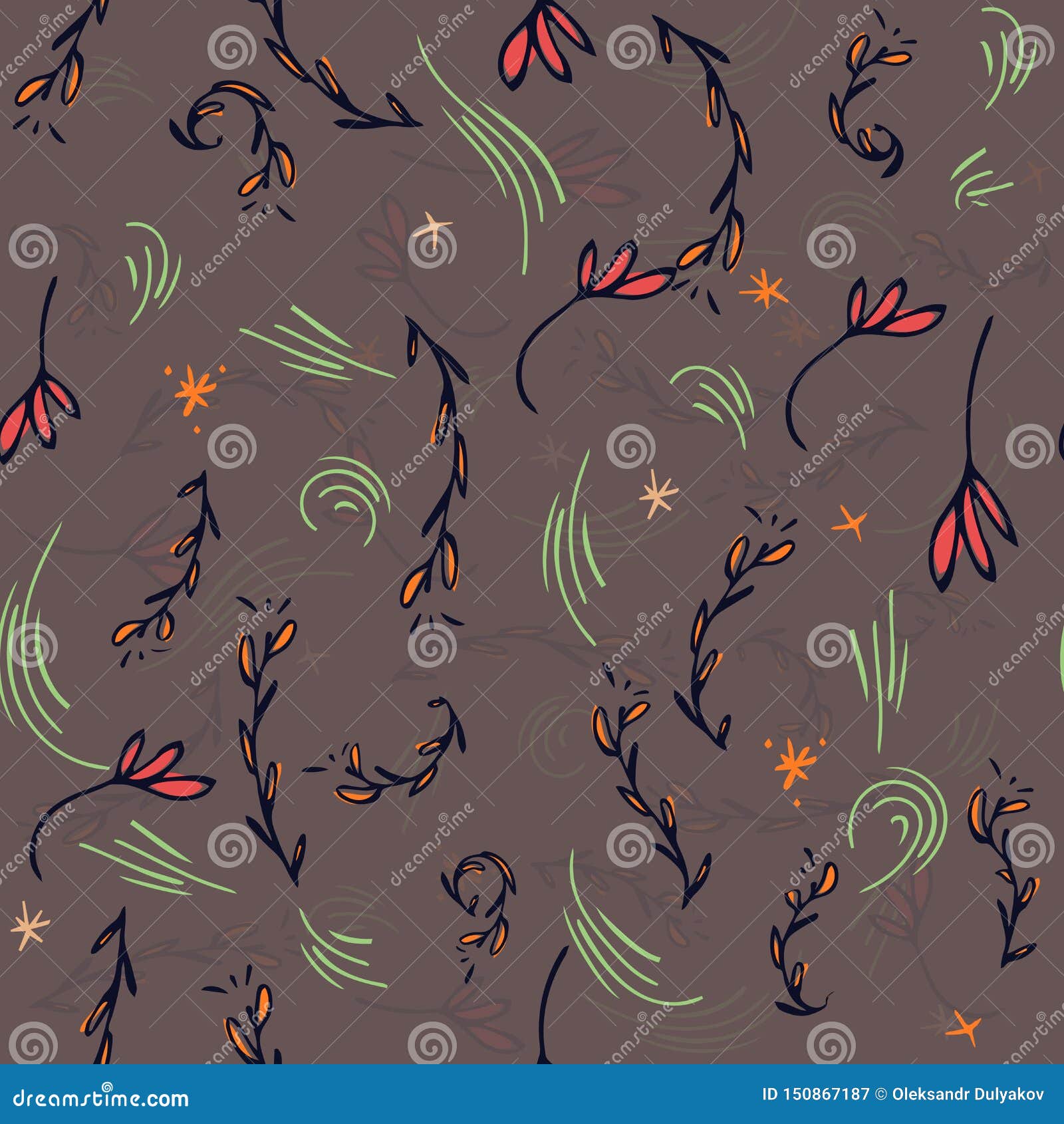 Bright Print with Brown Hand Drawing Background . Seamless Pattern with ...