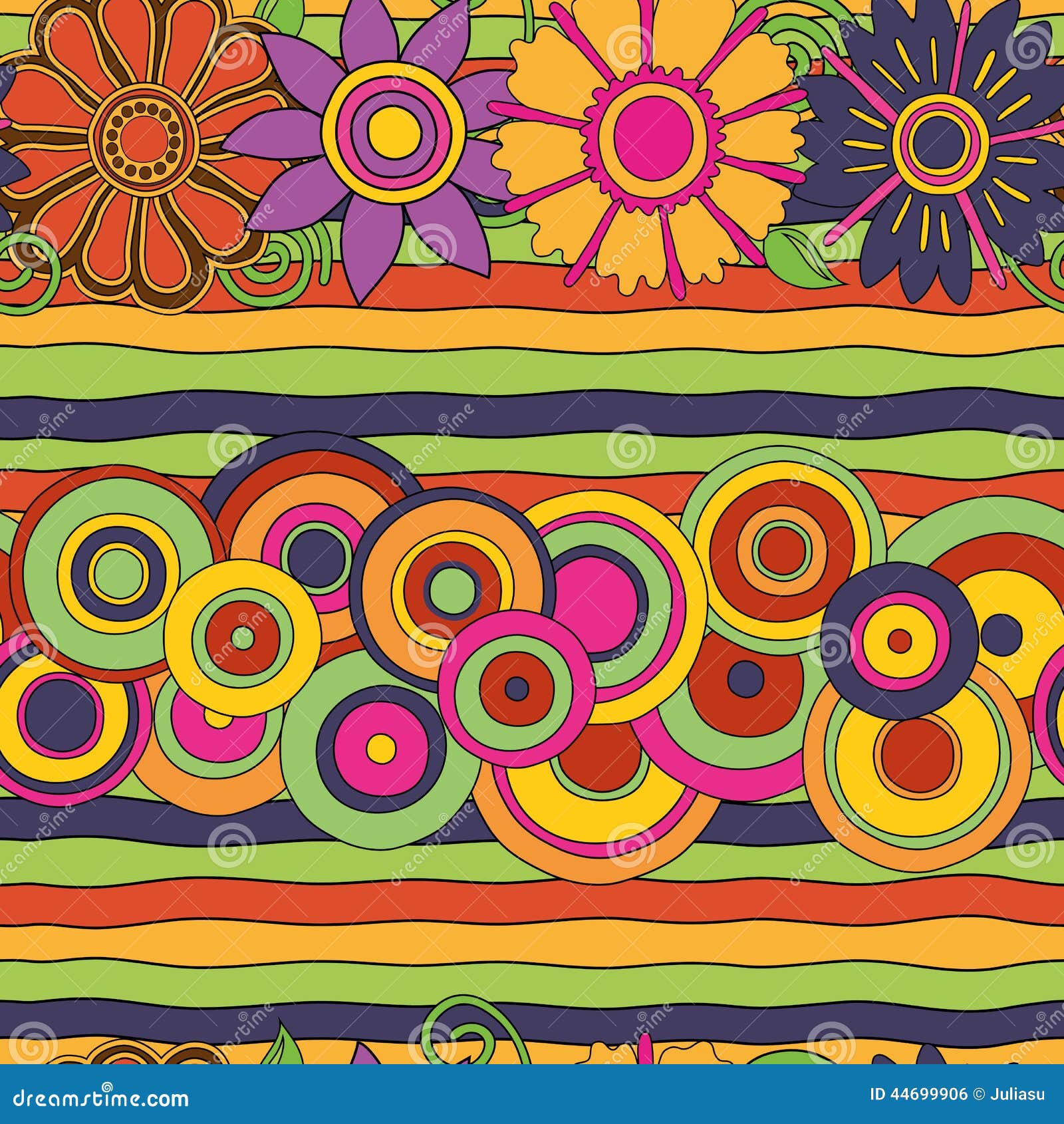 Bright Psychedelic Flowers, Circles & Lines Seamless Pattern Stock ...