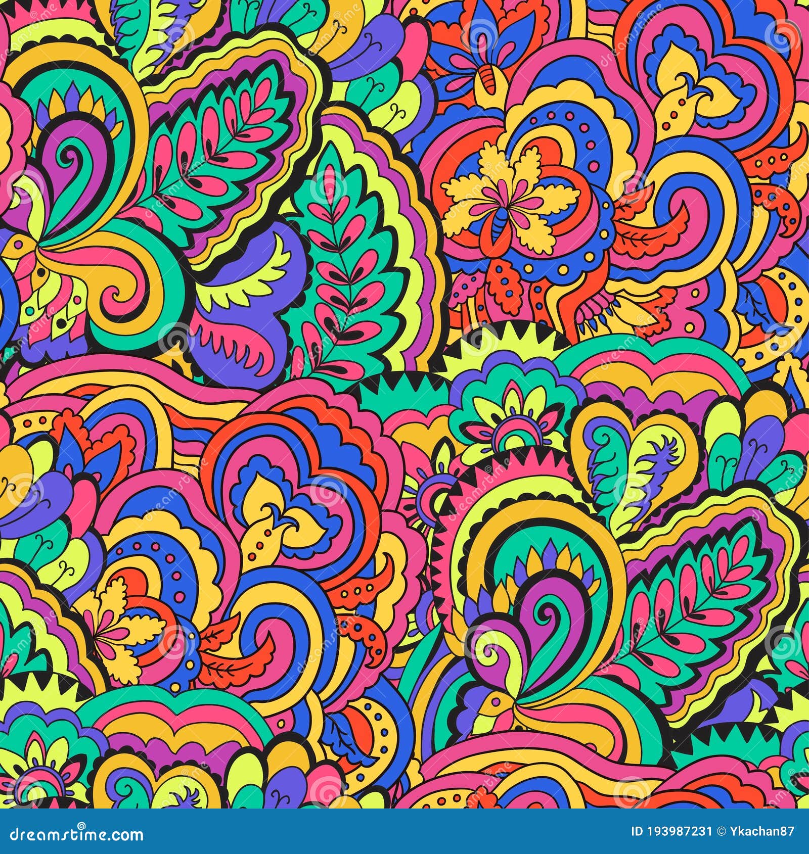 Bright Psychedelic Pattern with Colorful Curly Doodle Motifs. Stock ...