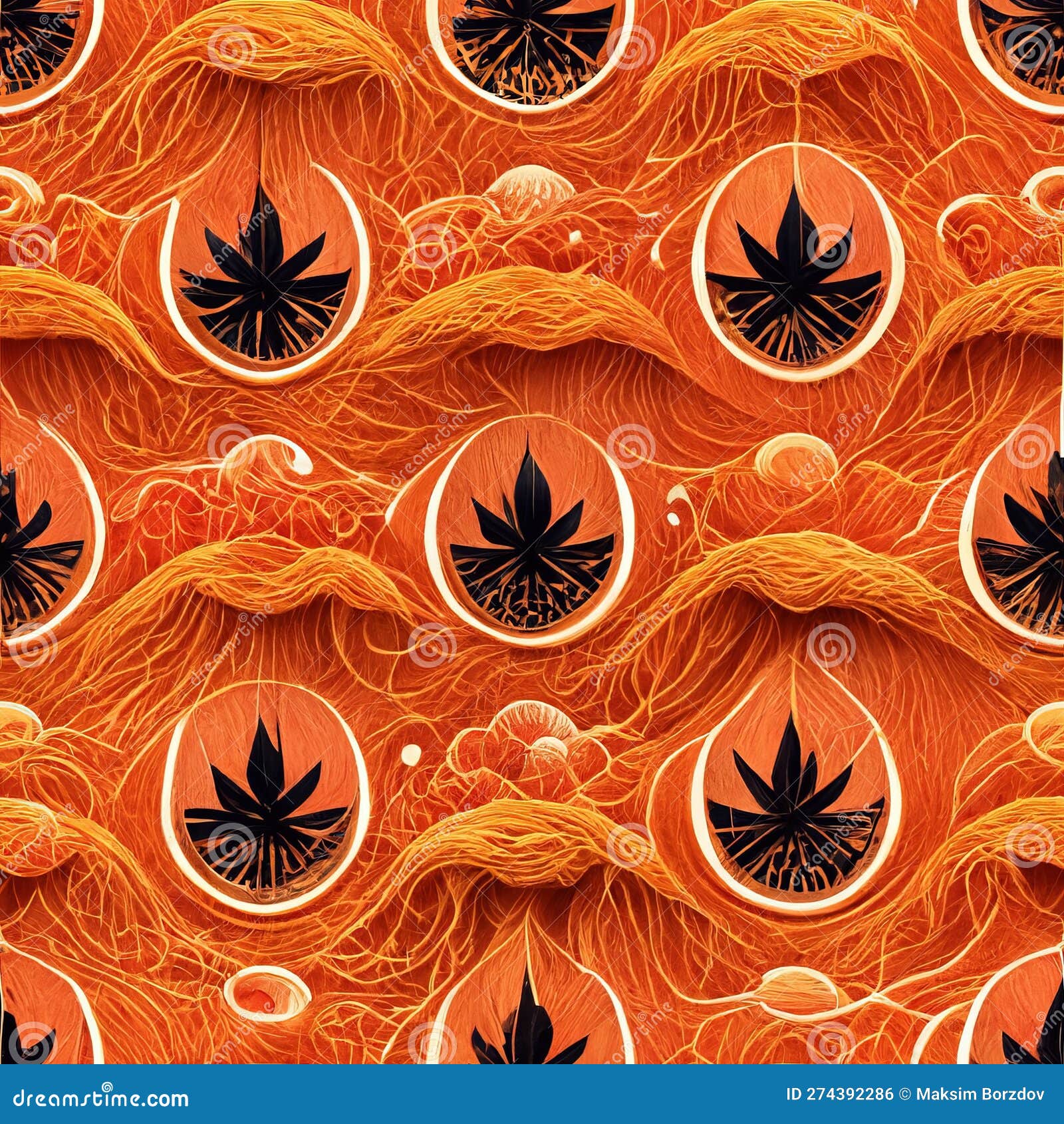 Bright Psychedelic Seamless Pattern in Orange Tones with Cannabis Leaf ...