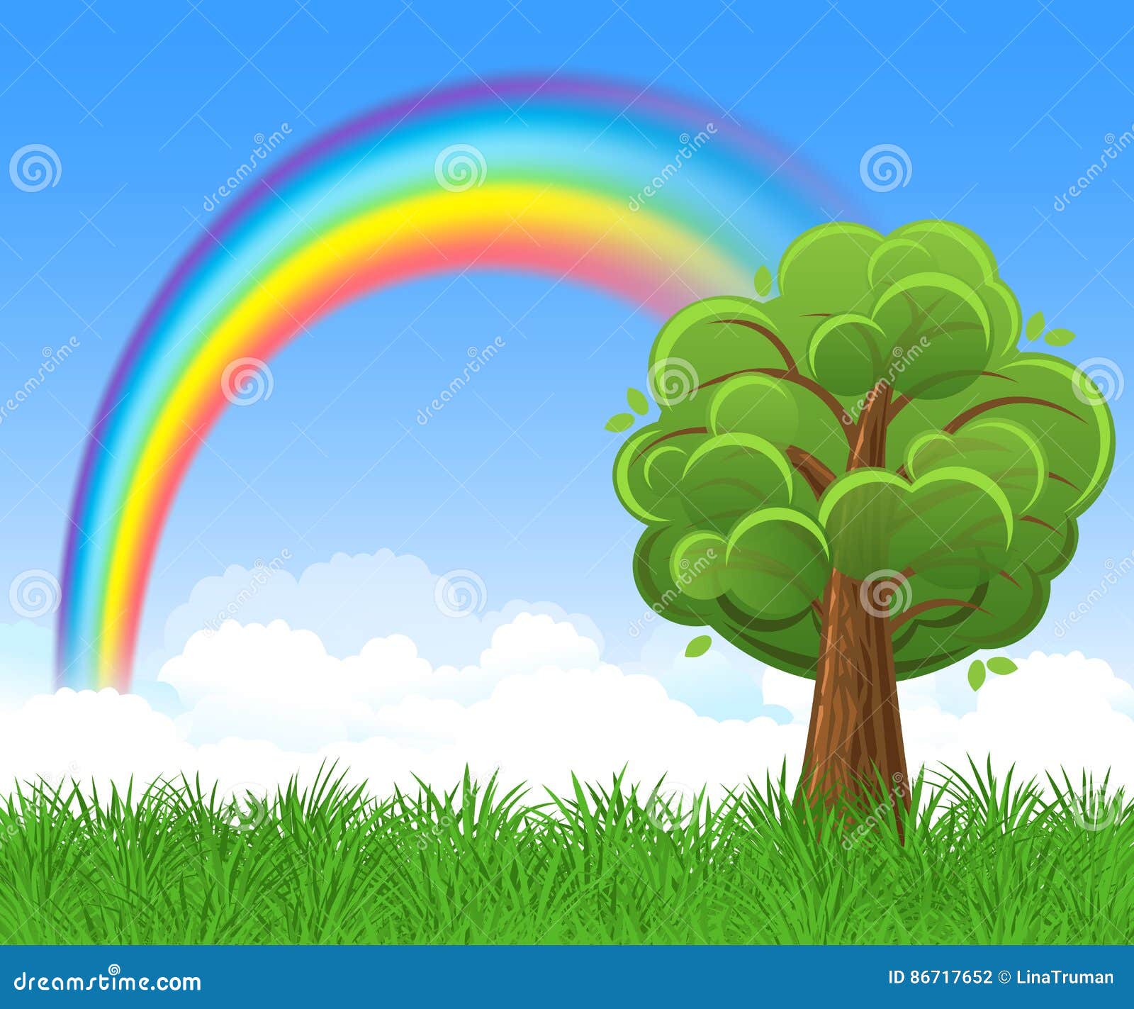 Bright Rainbow with Blue Sky, Tree and Green Grass. Vector Stock Vector ...