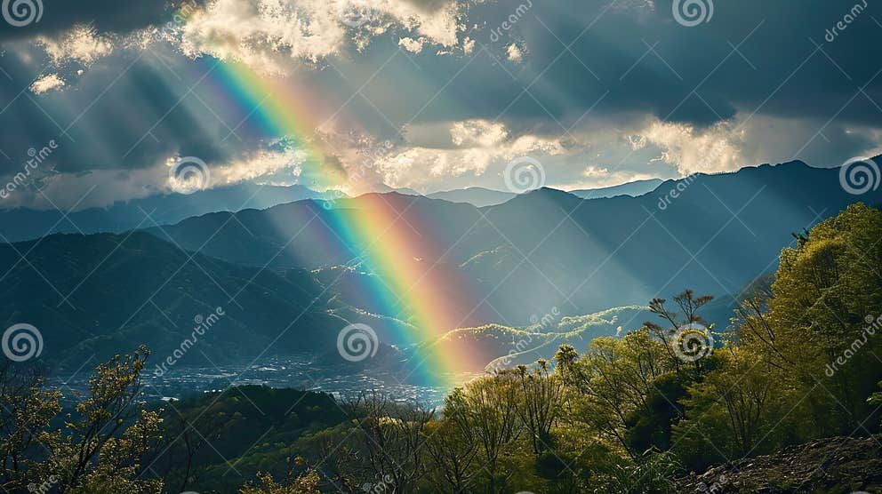 Bright Rainbow Stretched Across the Sky Stock Photo - Image of weather ...