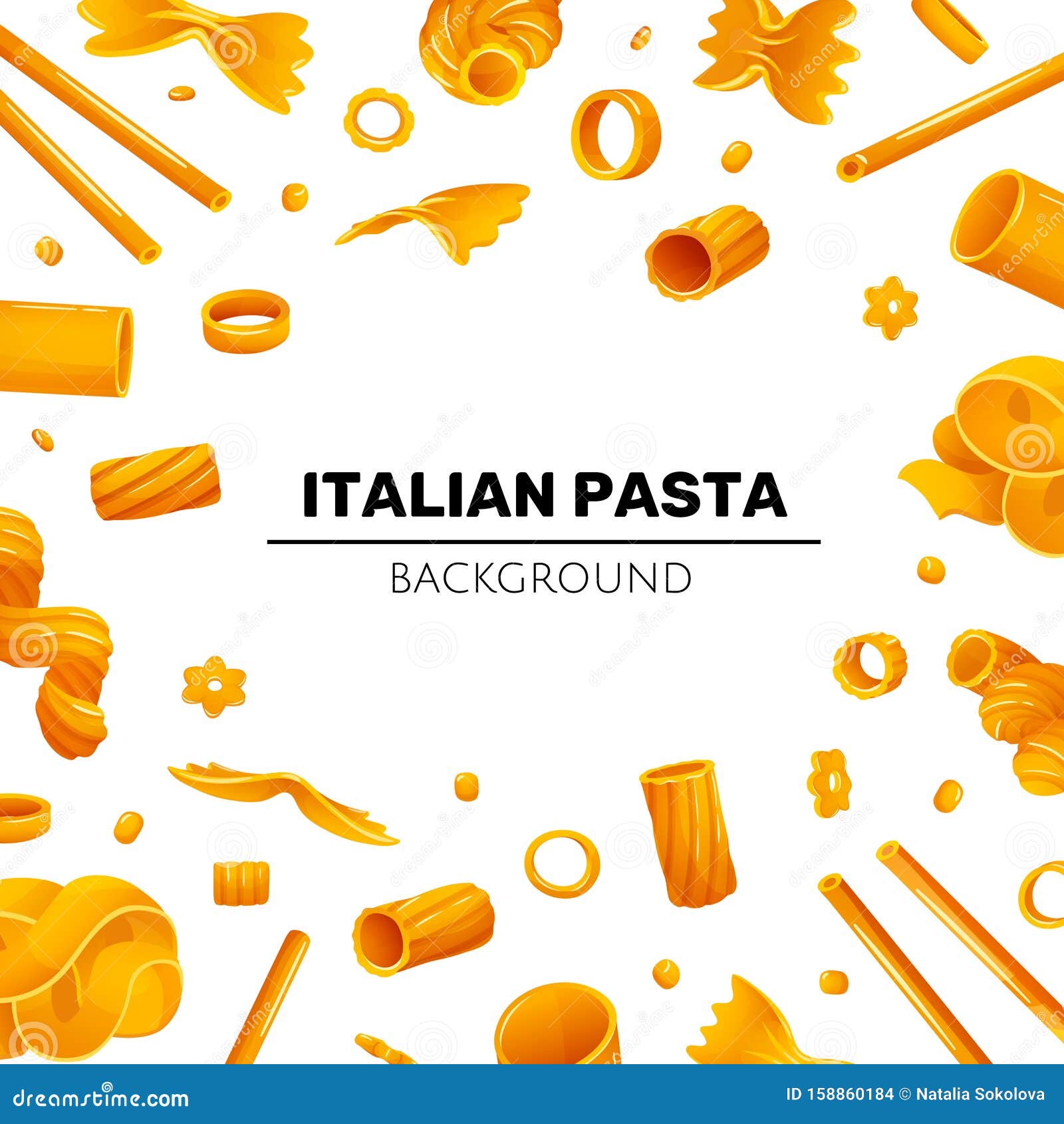 Bright Rame With Different Types Of Pasta Vector Illustration ...