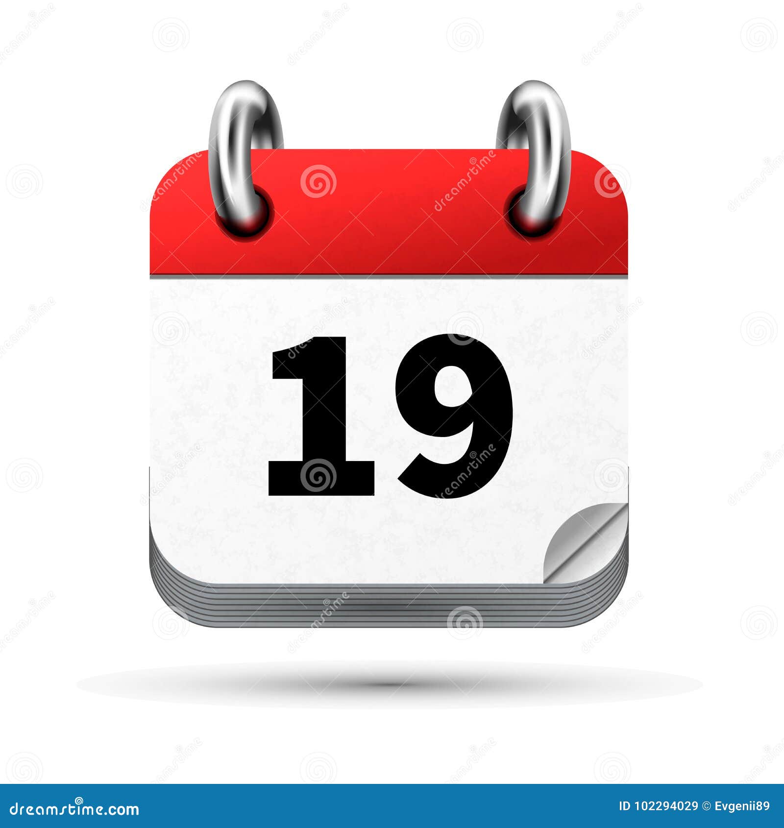 Bright Realistic Icon of Calendar with 19th Date Isolated on White ...