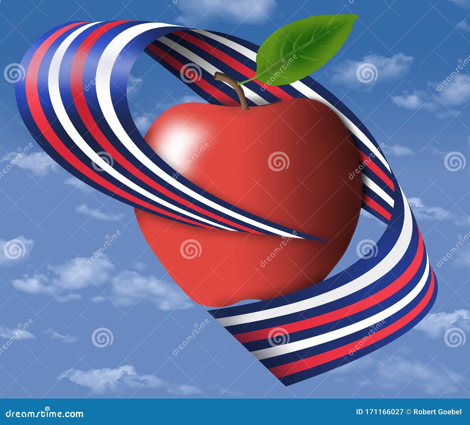 A Bright Red Apples is Wrapped in a Red, White and Blue Ribbon Stock ...
