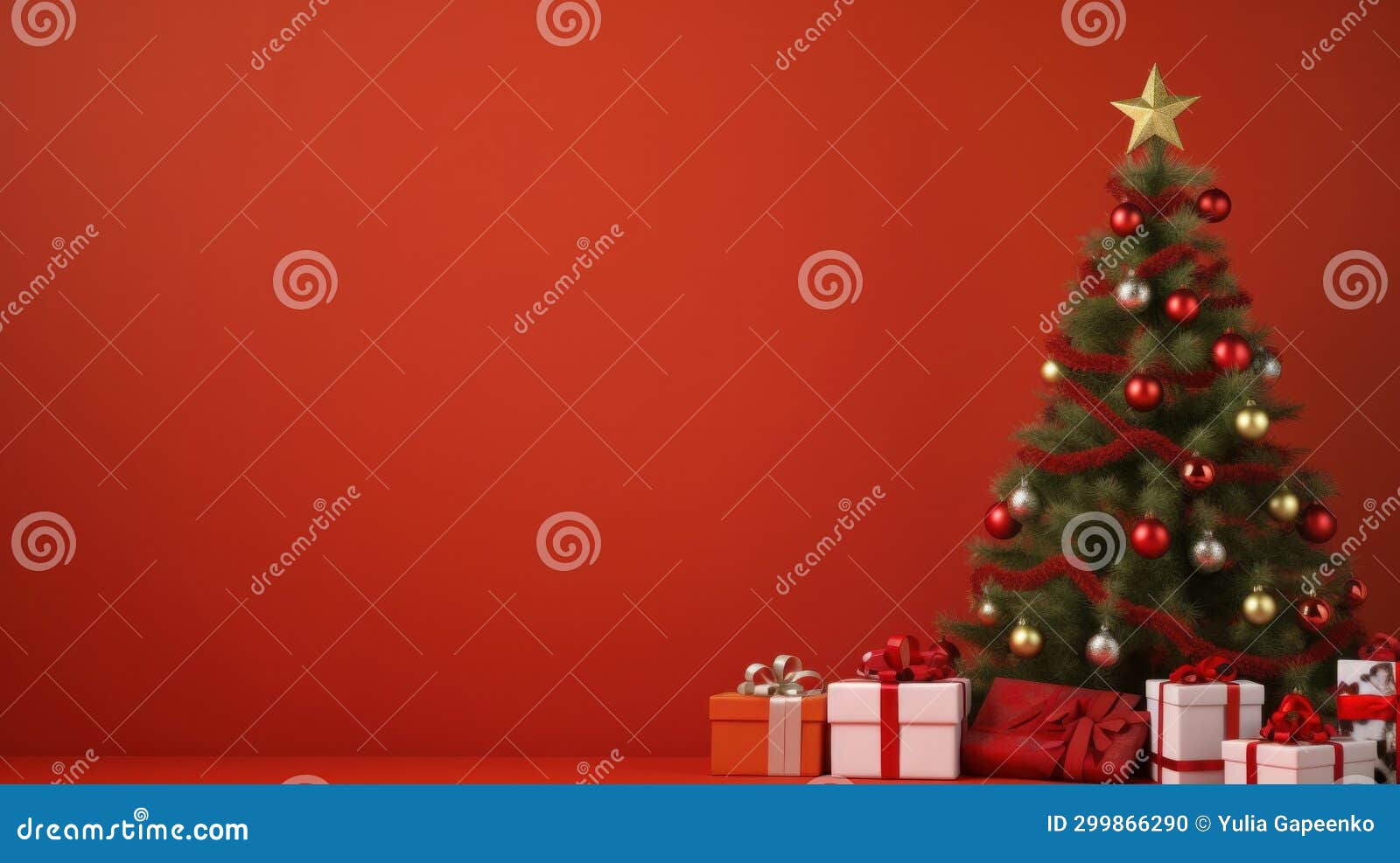 A Bright Red Background with a Small Christmas Tree and a Few Gift ...
