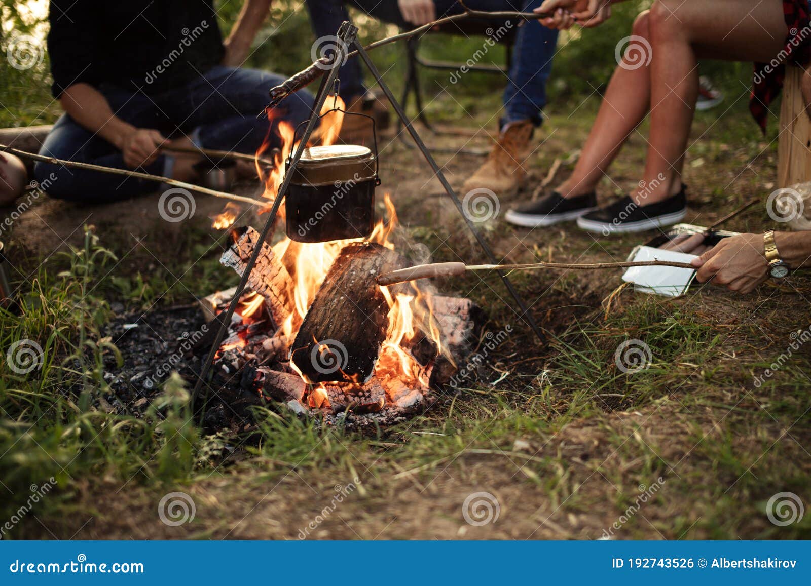 Bright Bonfire at Campsite in the Evening Stock Photo - Image of ...