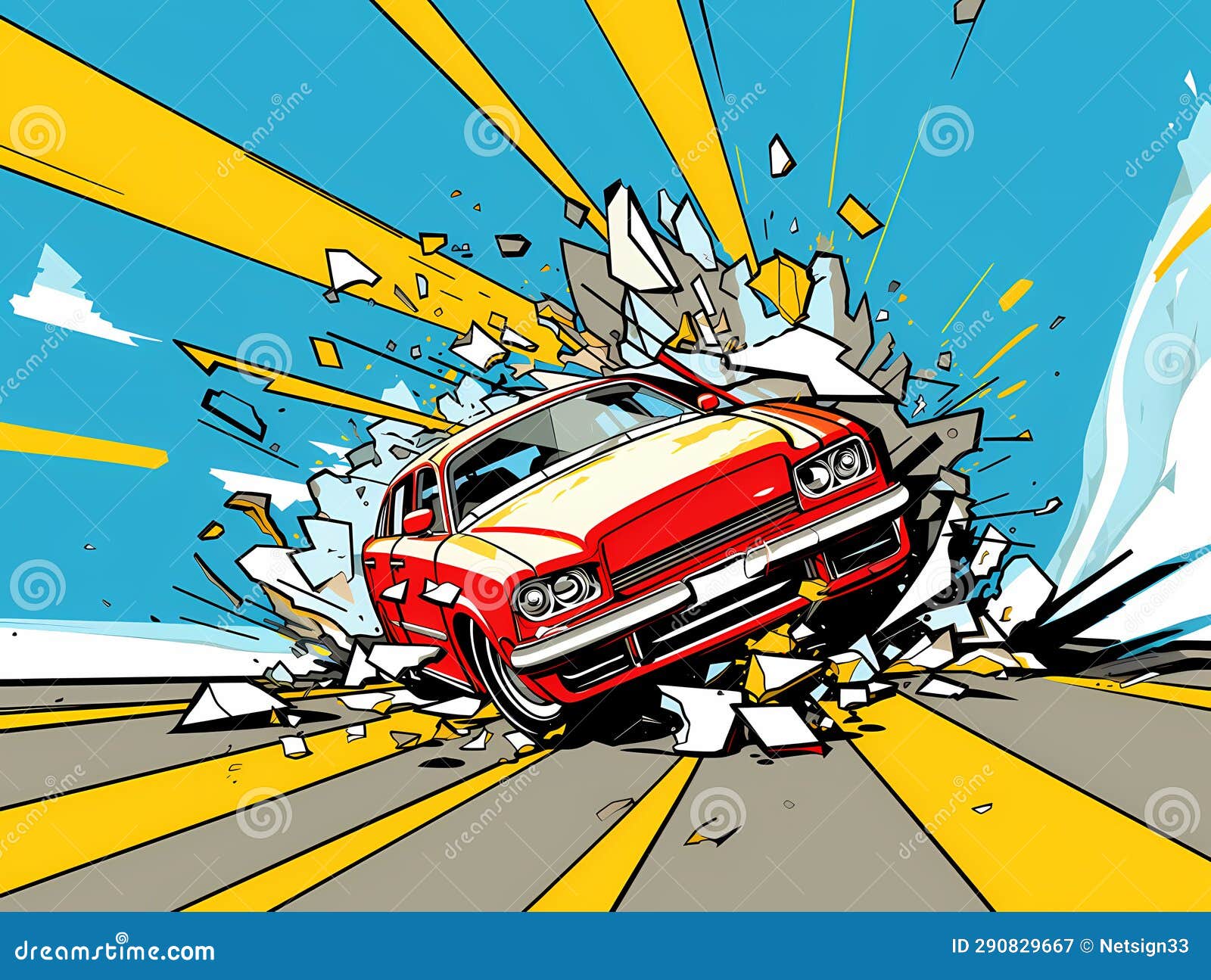 Cartoon Of A Red Car Breaking Through A Wall Stock Image ...