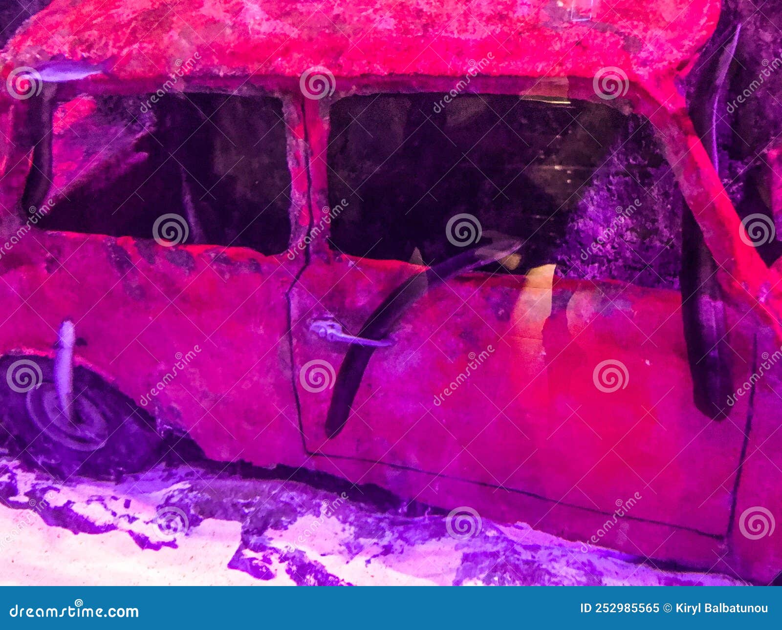 Bright, Red Car Sank at the Bottom of the Sea. Car without Windows and ...