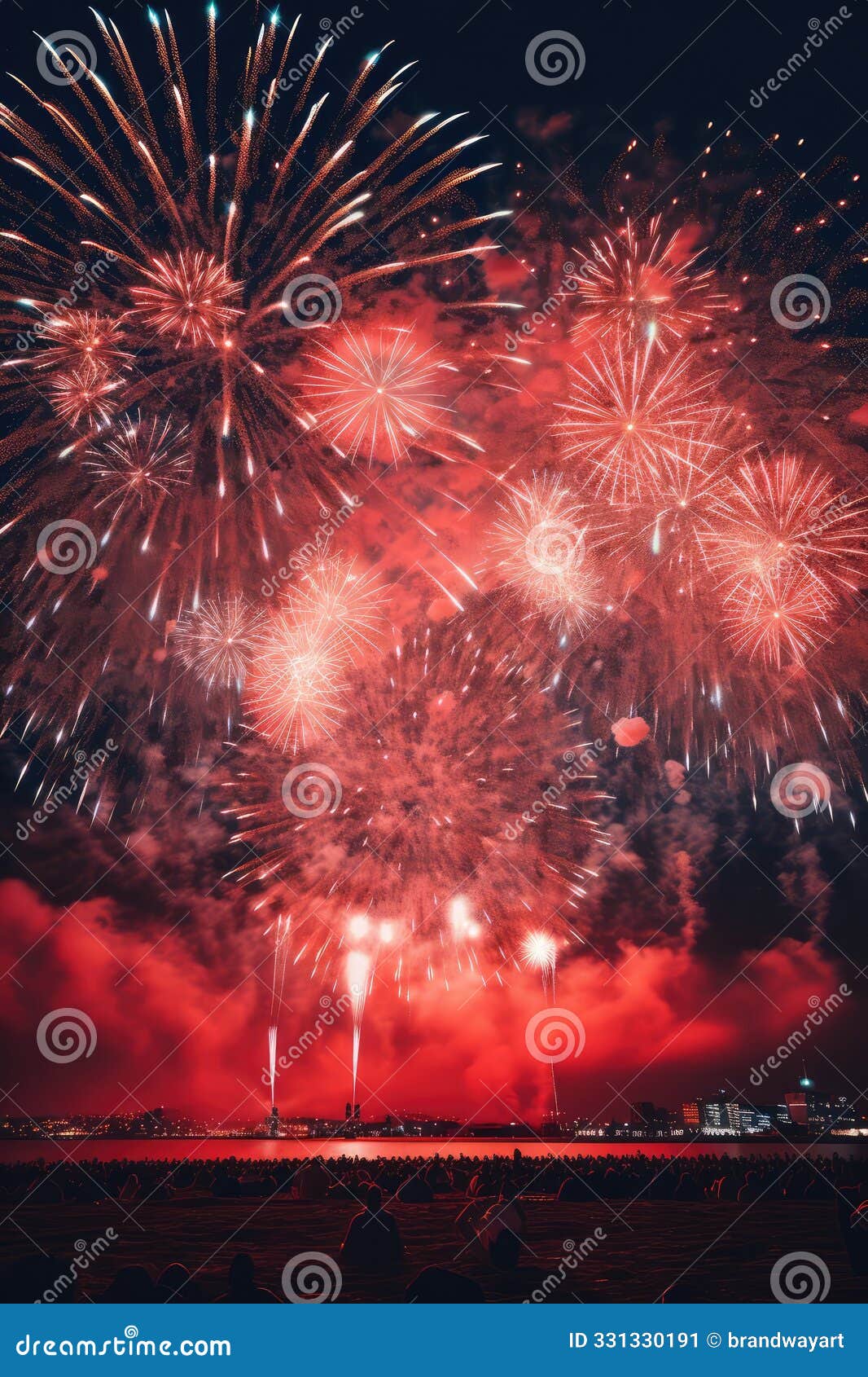 Spectacular Red Fireworks Light Up the Night Sky Over a Waterfront ...