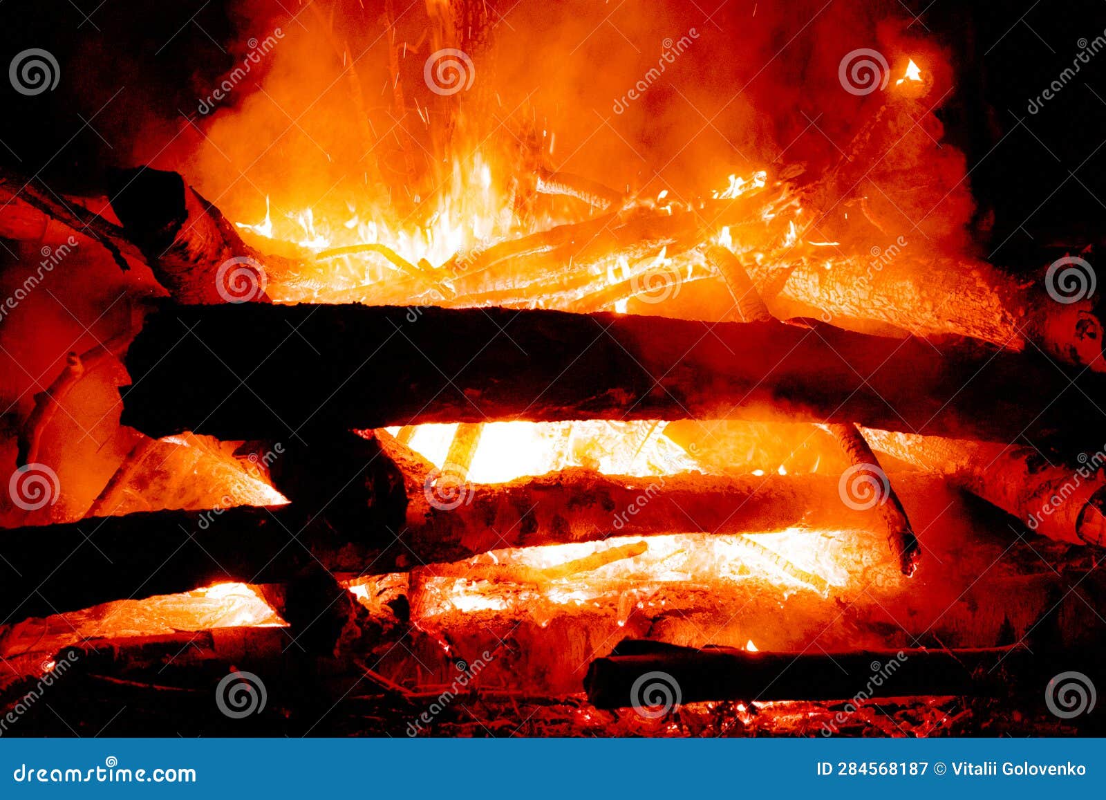 Bright Red Flame from a Giant Hearth in the Middle of a Black Night ...
