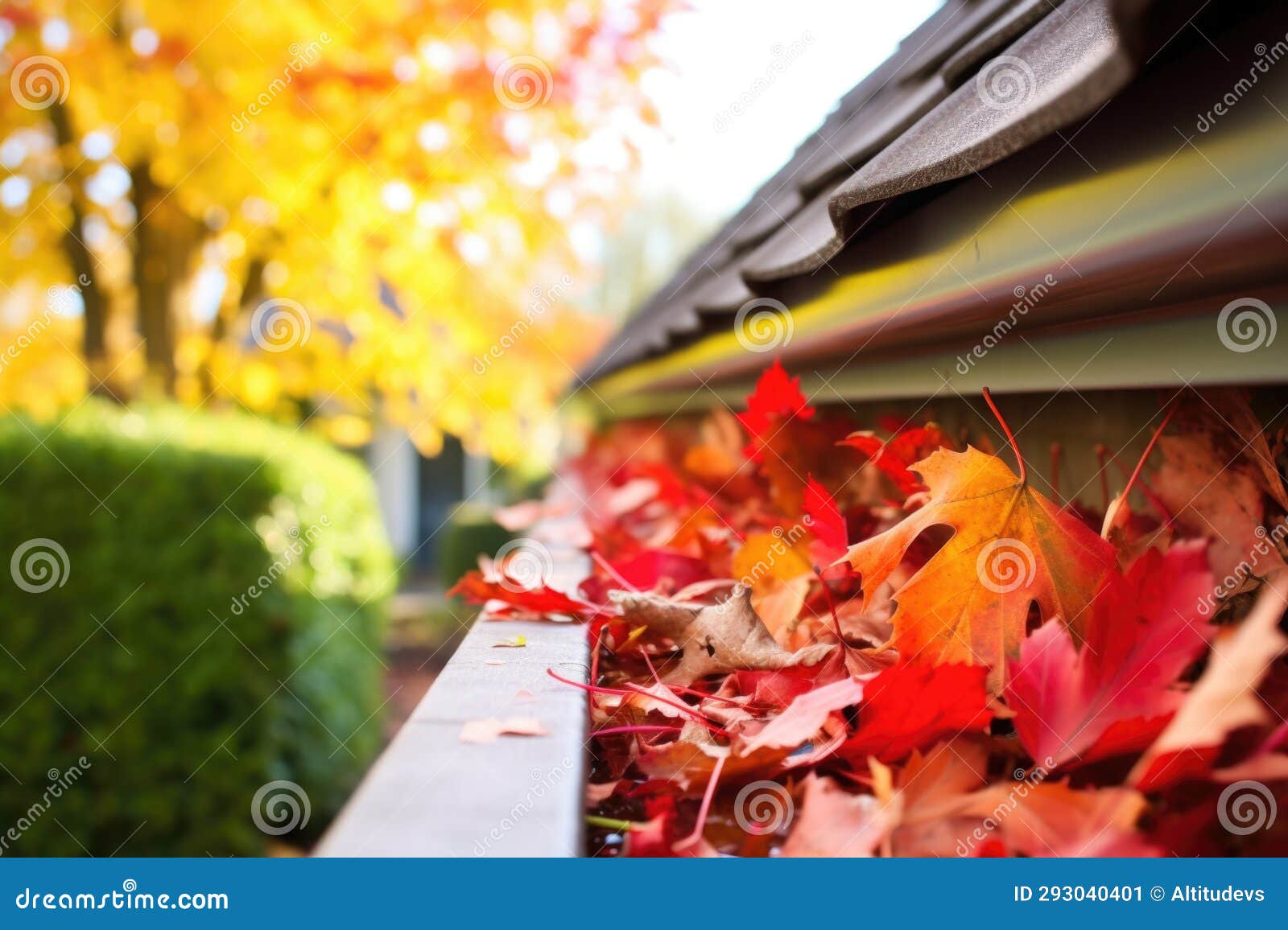 Bright Red Gutter with Autumn Leaves Clogging it Stock Illustration ...