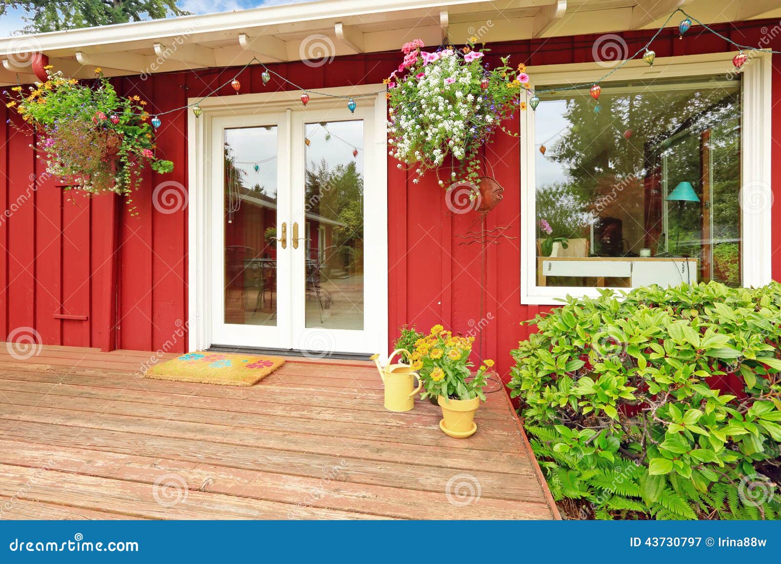 Bright Red House with Walkout Deck Stock Image - Image of home, yard ...