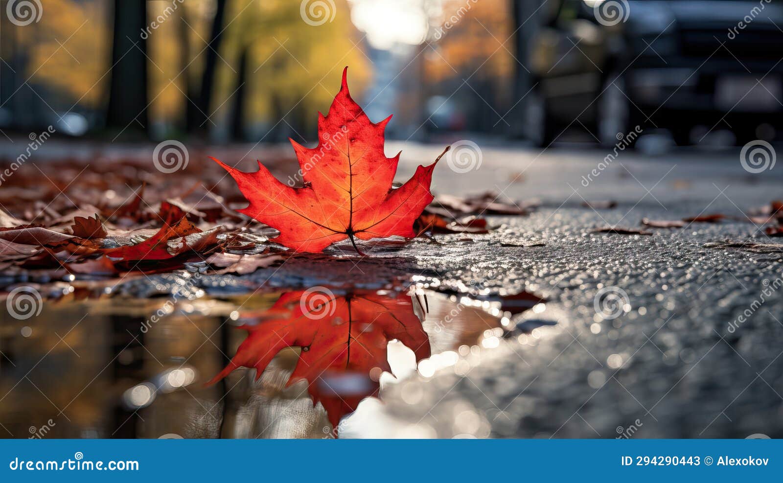 Bright Red Leaf in Autumn Puddle on Asphalt Road AI Generated Stock ...