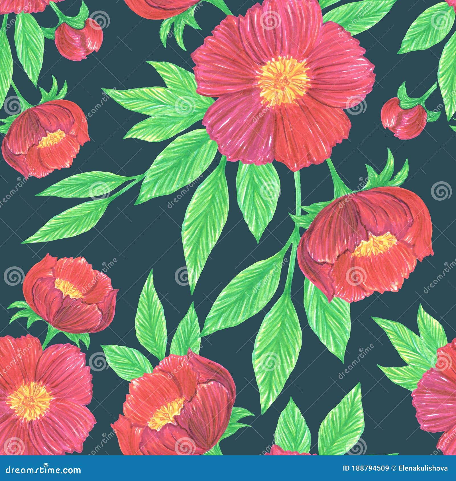 Bright Red Peonies Seamless Pattern on Dark Blue Background ...