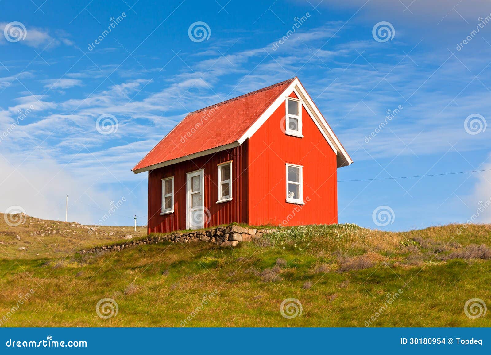 Bright Red Siding House in Iceland Stock Photo - Image of field ...