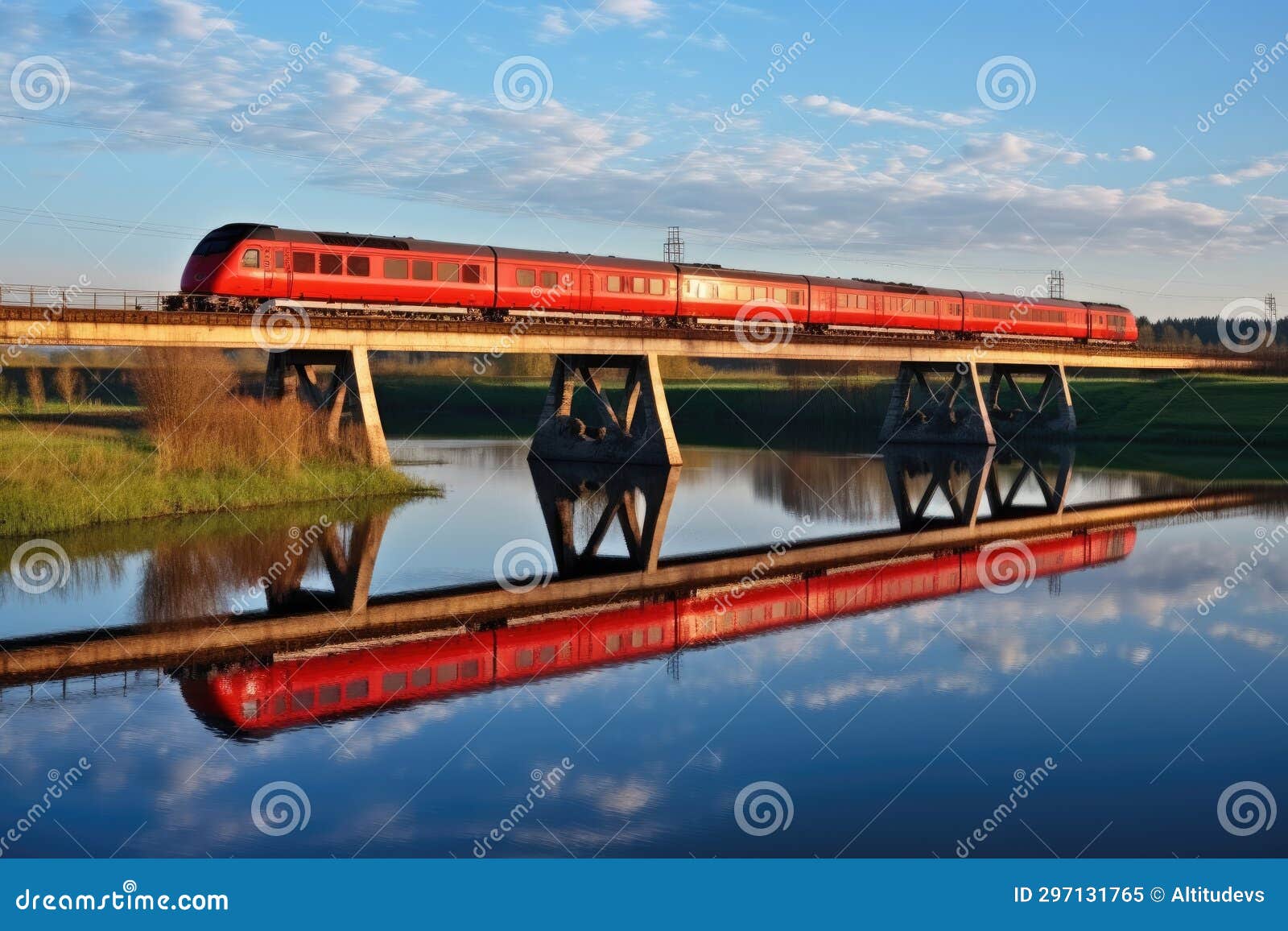 Bright Red Train Crossing a Long Bridge Over Water Stock Image - Image ...