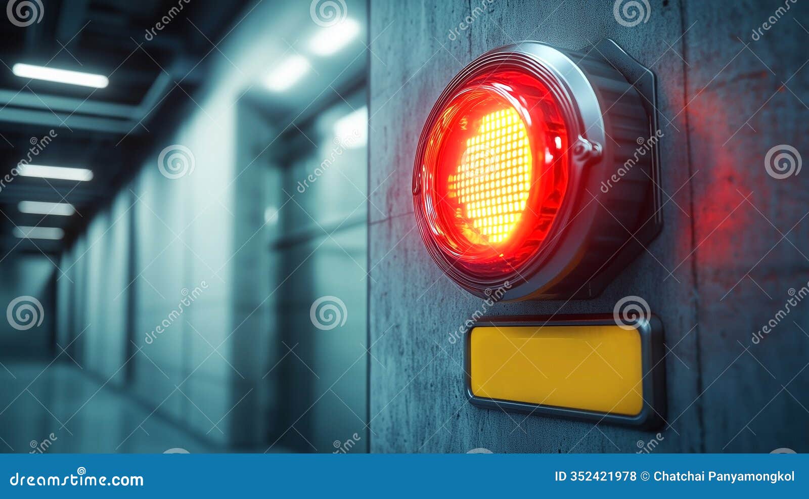 Bright Red Warning Light Illuminating a Corridor in a Modern Industrial ...