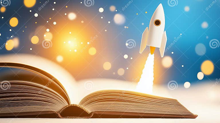 A Bright Rocket Rises from an Open Book, Symbolizing the Power of Ideas ...