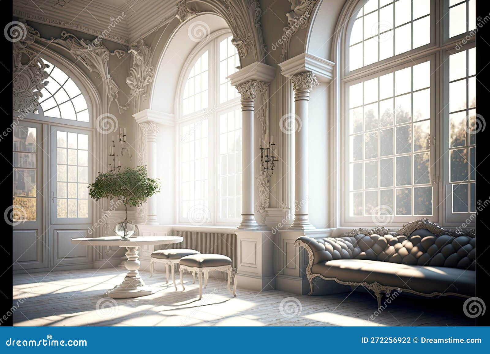 Bright Room with Large Windows with Baroque Interior Stock Illustration ...