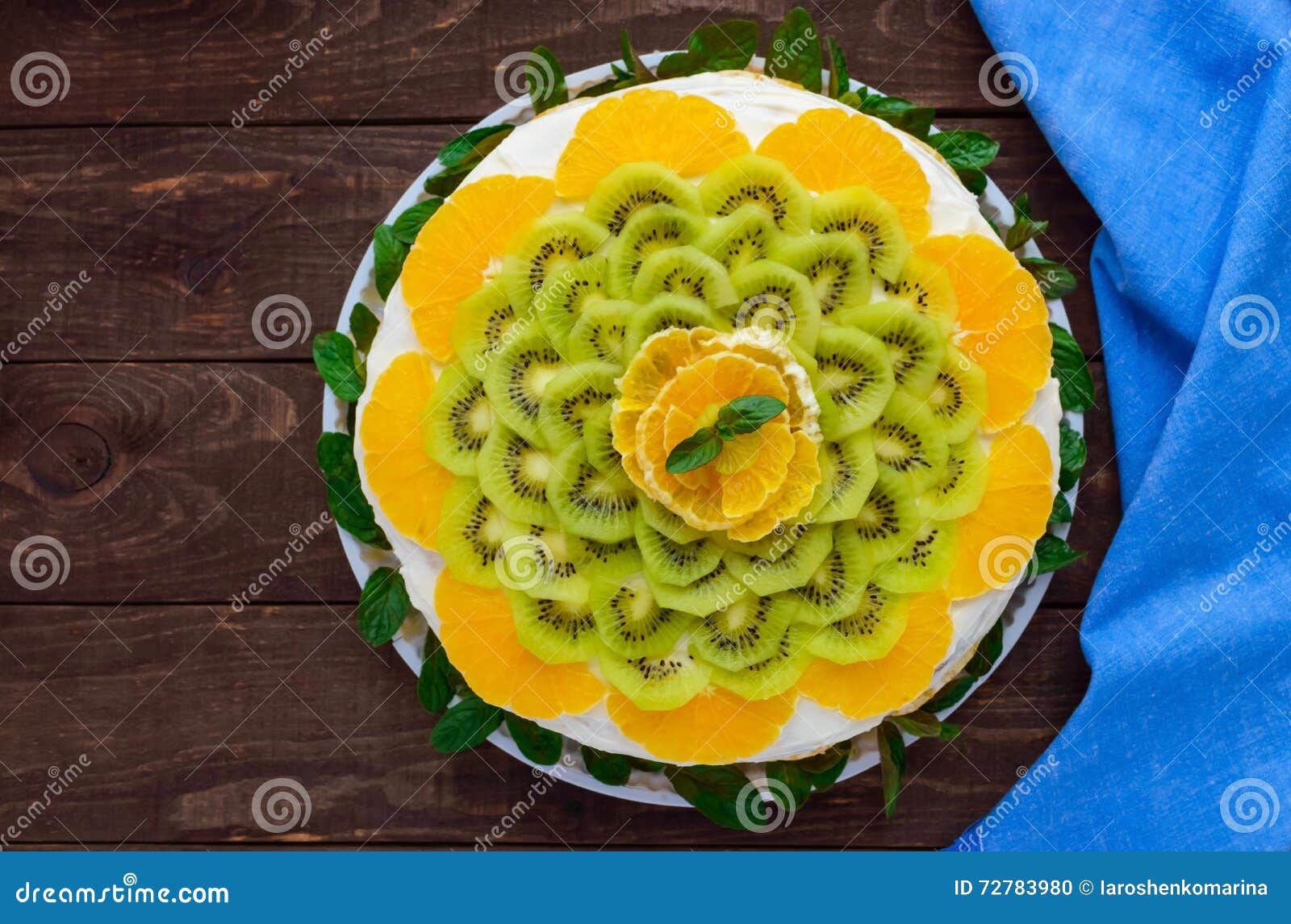 Bright Round Festive Fruit Cake Decorated with Kiwi, Orange, Mint ...
