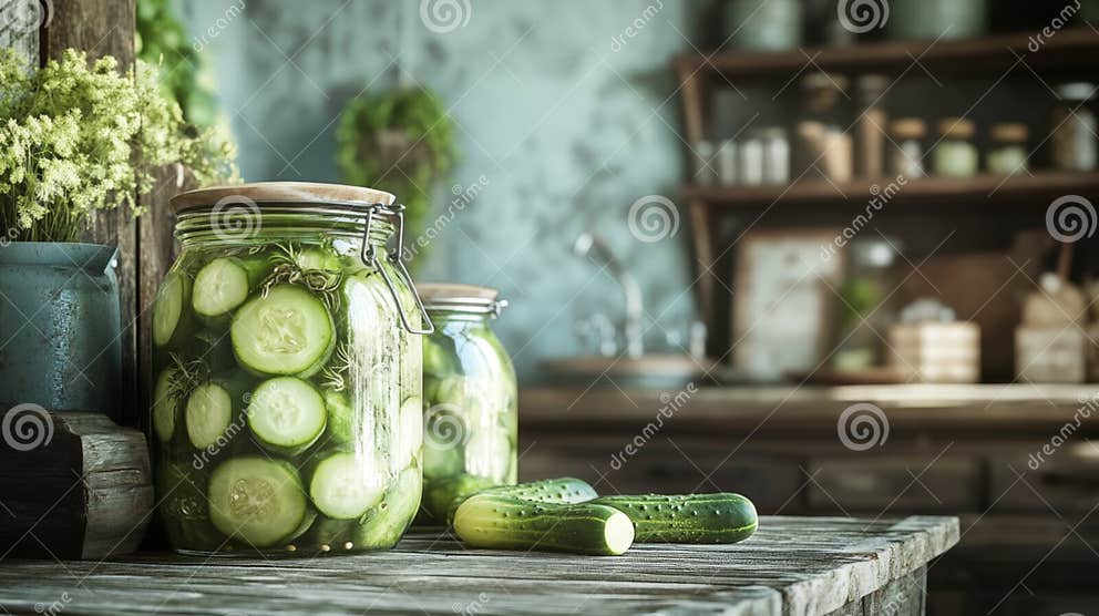 Rustic Kitchen with Jars of Homemade Pickles Stock Image - Image of ...