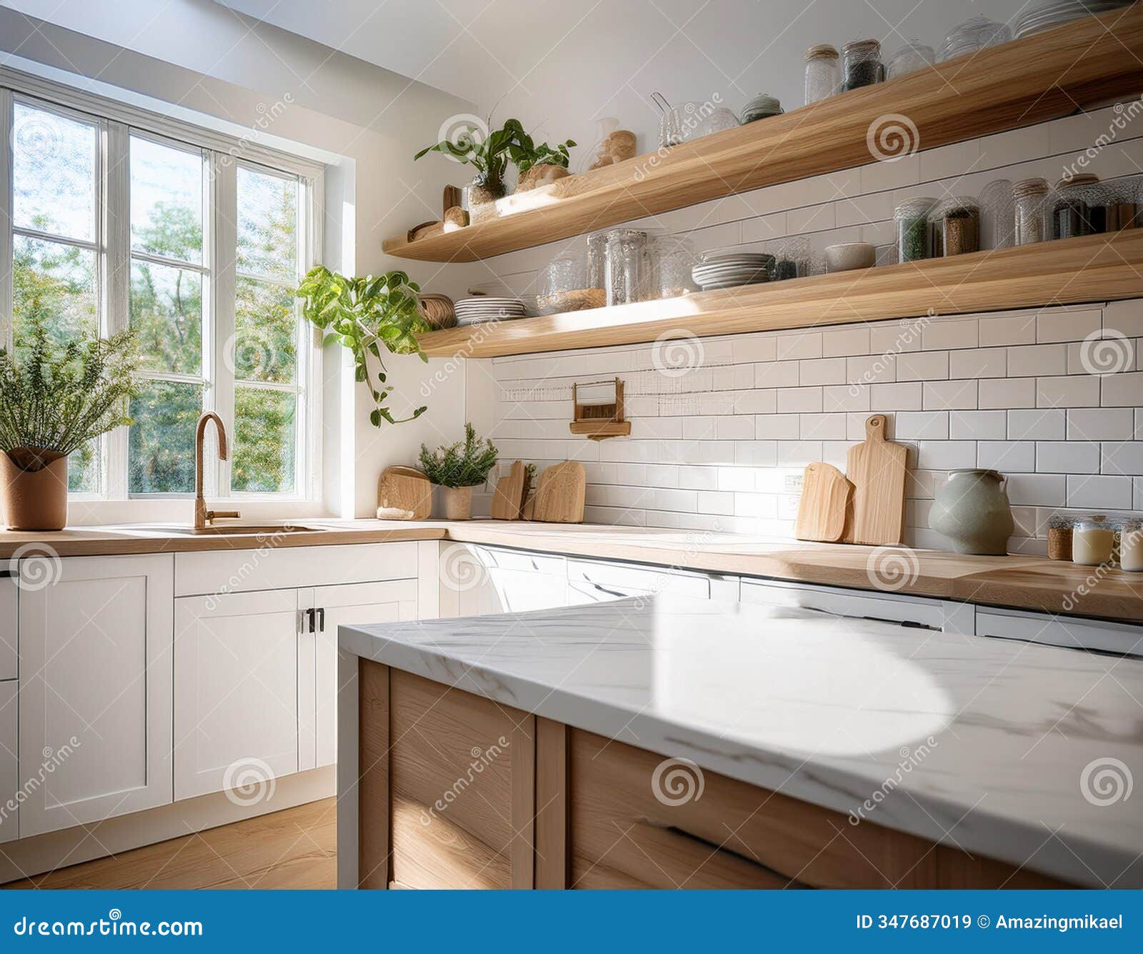 Bright Scandinavian Kitchen Featuring Light Wood Open Shelving Stock ...