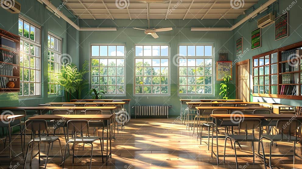 Bright school classroom stock illustration. Illustration of sitting ...