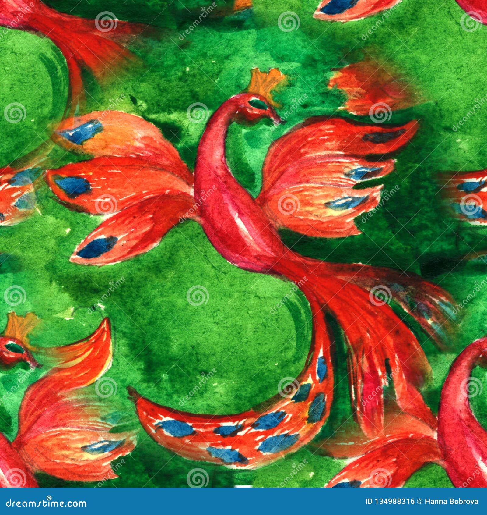 Bright Seamless Pattern Firebird Hand-drawn Watercolor. Watercolor ...