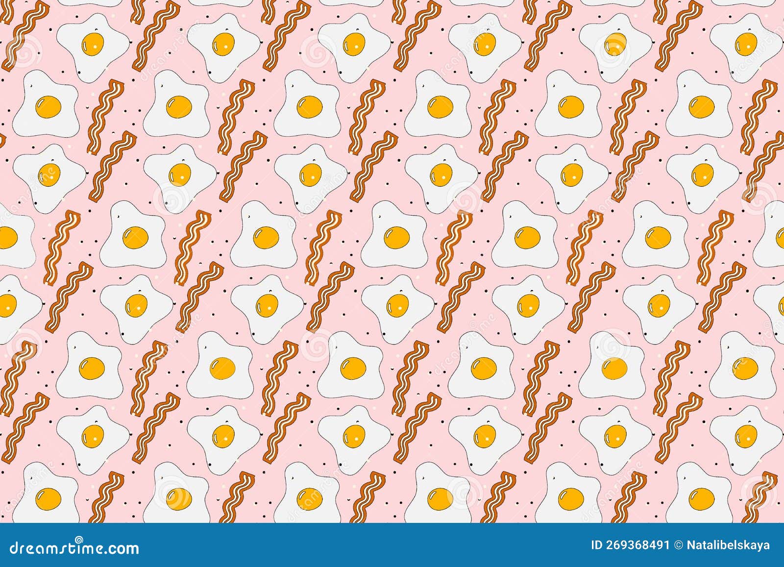 Bright Seamless Pattern of Fried Egg with Bacon Stripes and Spices in ...