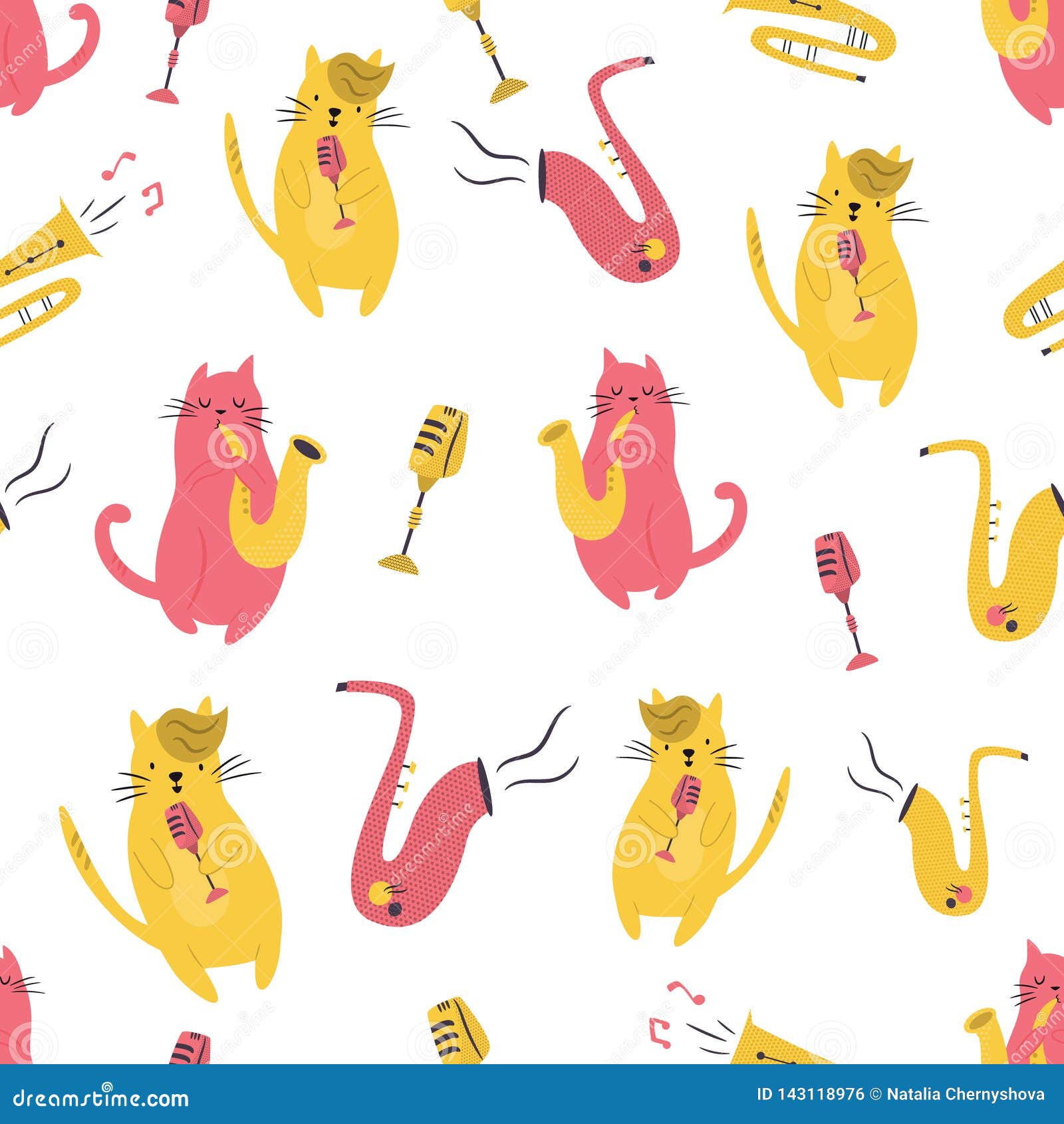 Bright Seamless Pattern with Funny Cats Musicians Stock Vector ...