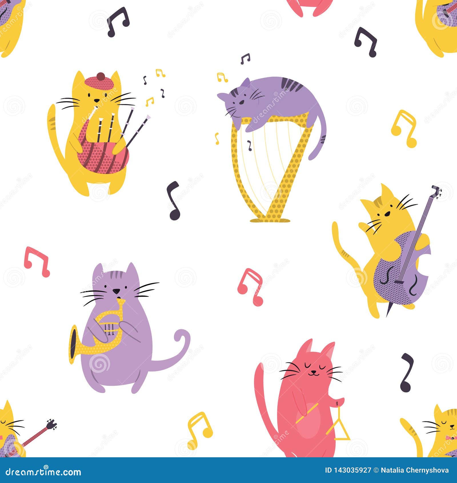 Bright Seamless Pattern with Funny Cats Musicians Stock Vector - Illustration of kitten, cartoon ...