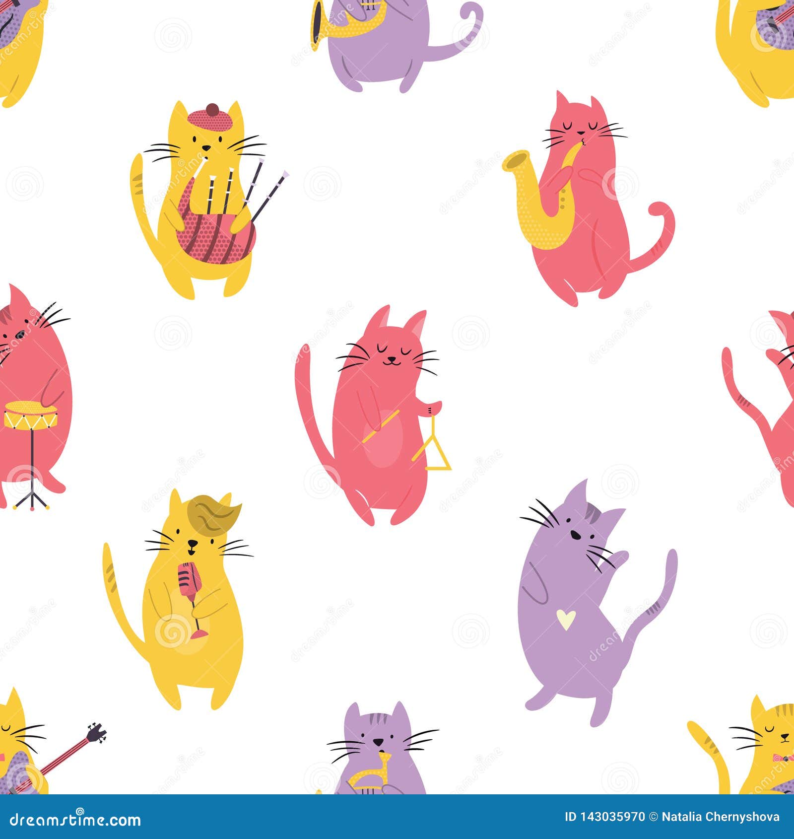 Bright Seamless Pattern with Funny Cats Musicians Stock Vector ...