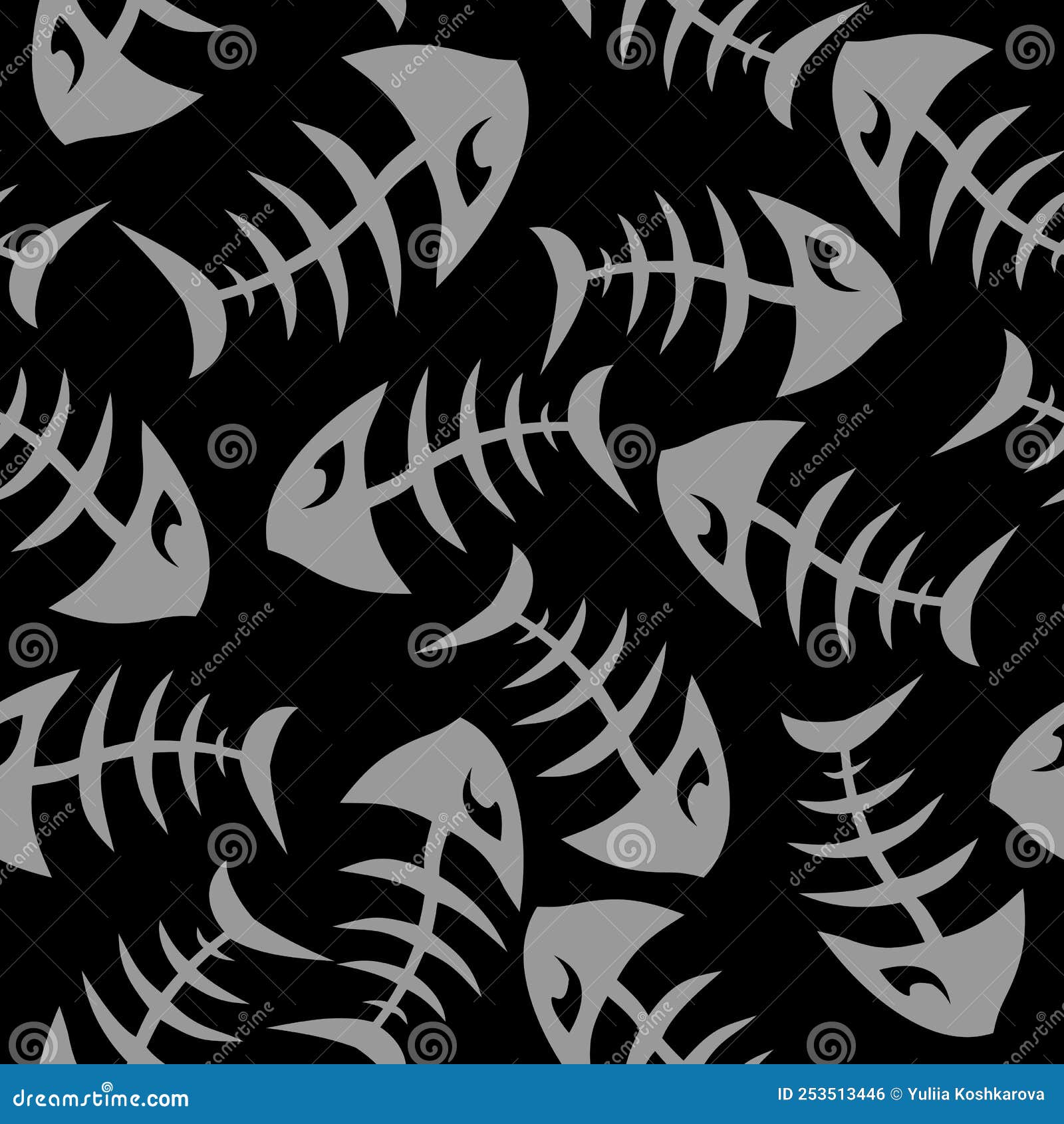 Bright Seamless Pattern of Gray Graphic Fish Skeletons on a Black ...