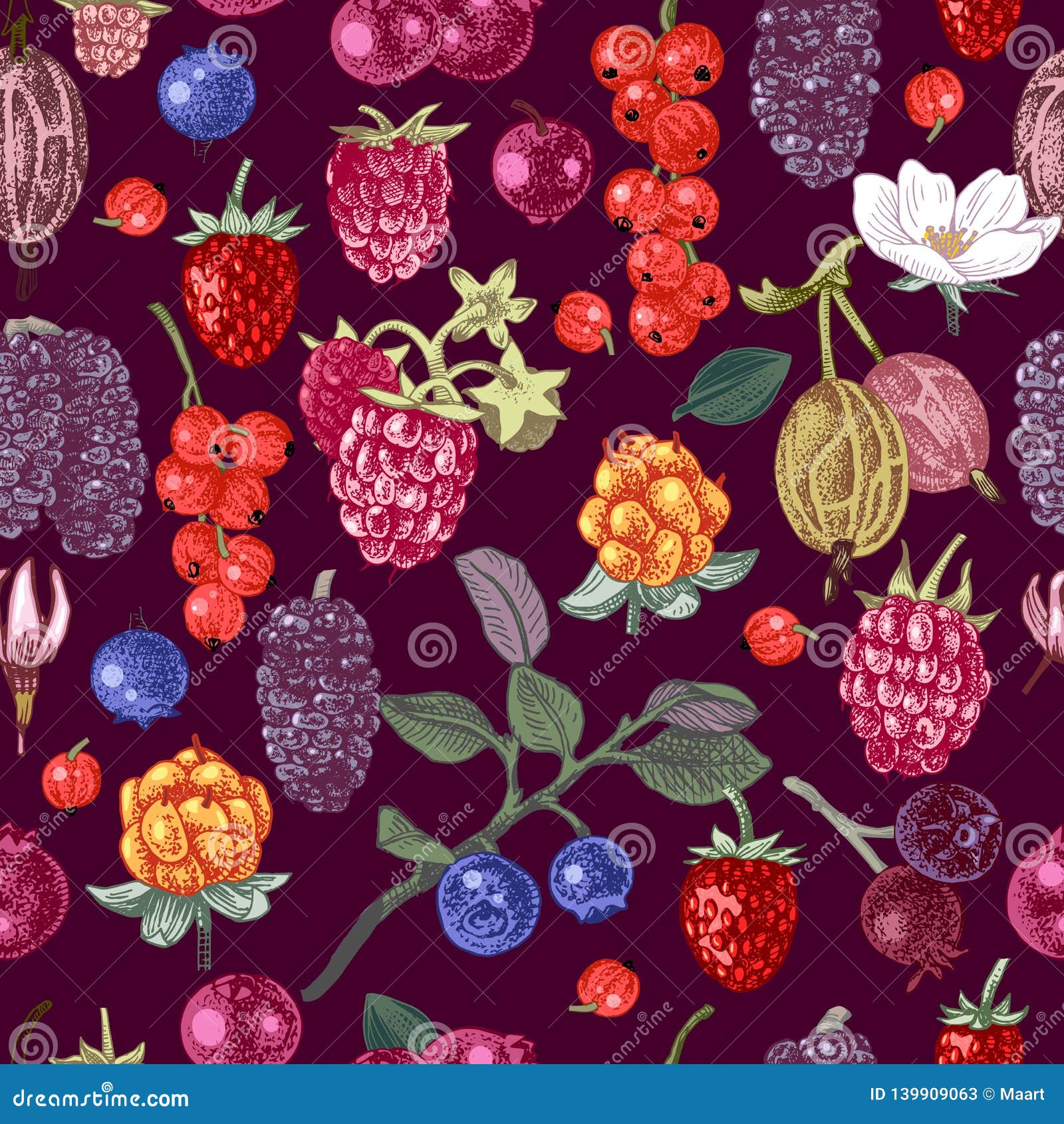 Seamless Pattern with Hand Drawn Berries Stock Vector - Illustration of ...