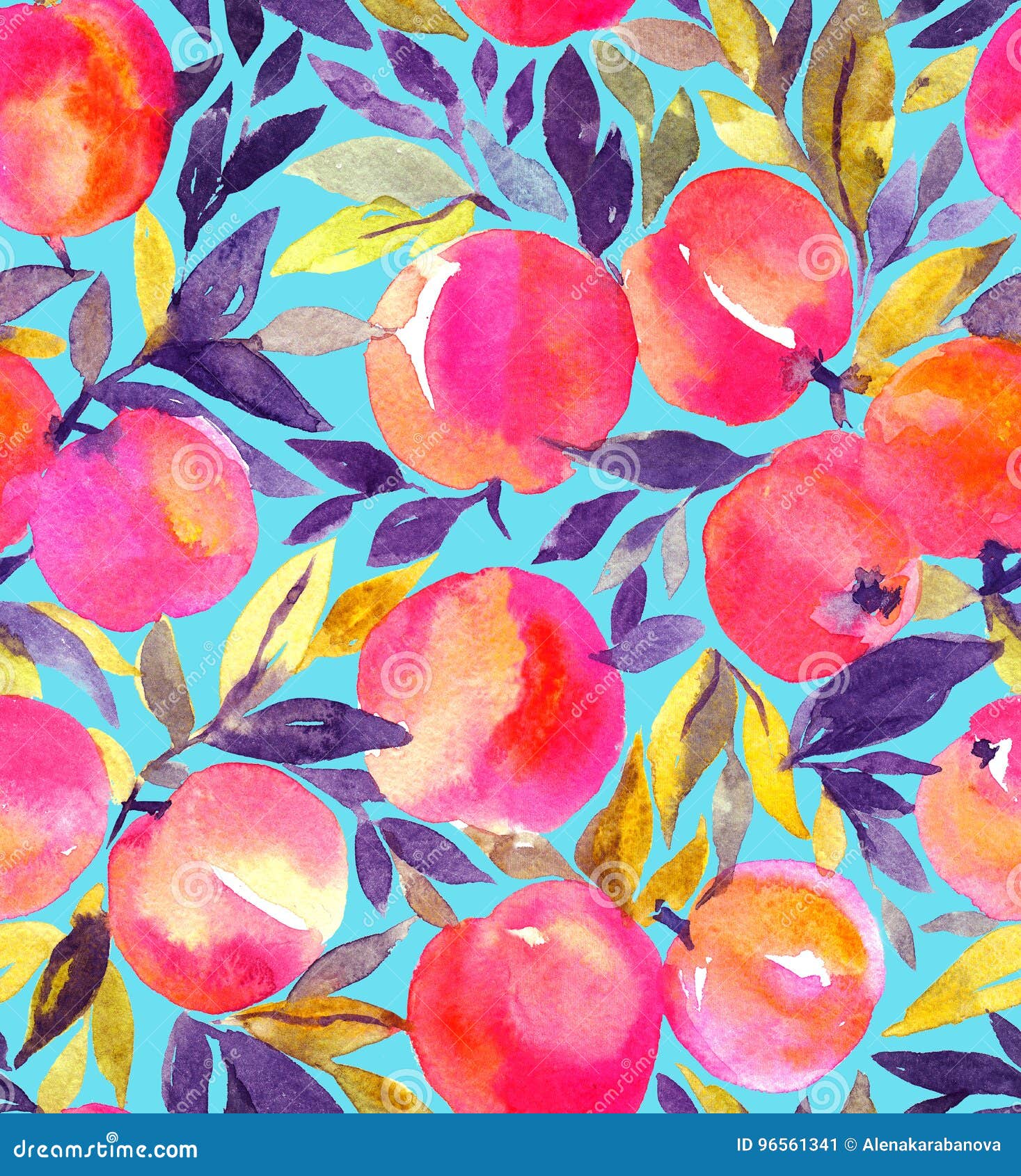 Bright Seamless Pattern with Hand Painted Watercolor Peaches. Stock ...
