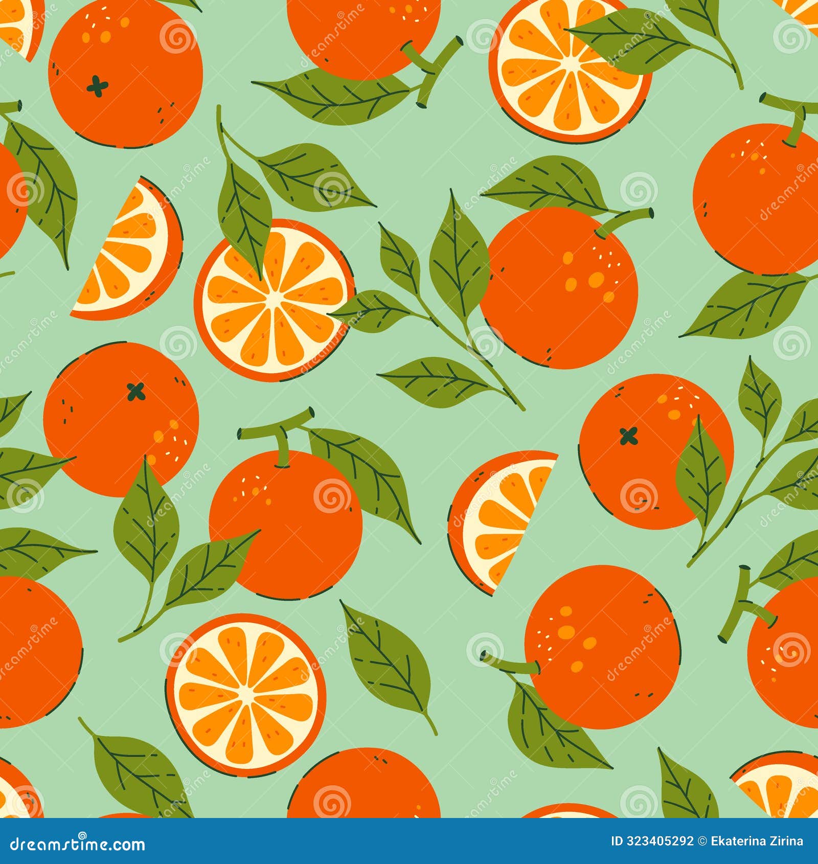 Bright Seamless Pattern of Oranges on a Light Green Background. Vector ...